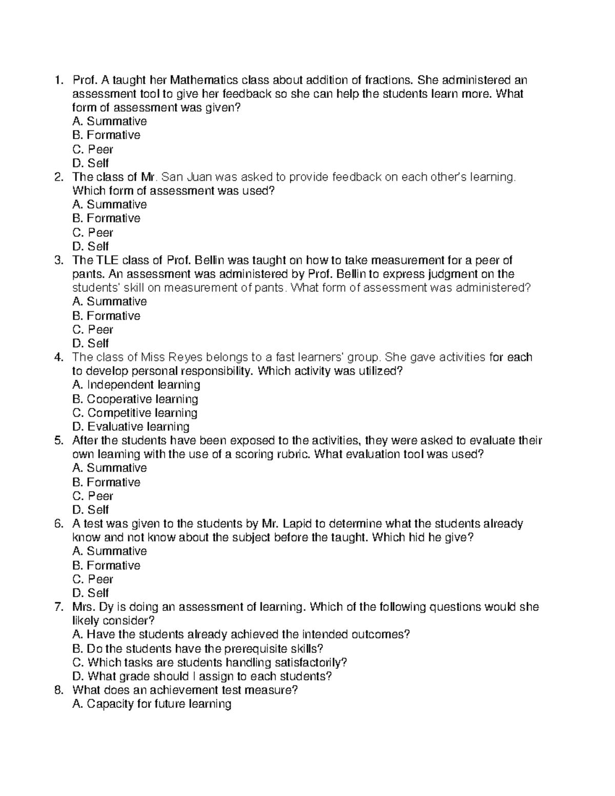 Assessment Tools for Learning: 150 Sample Questions and Scenarios - Studocu