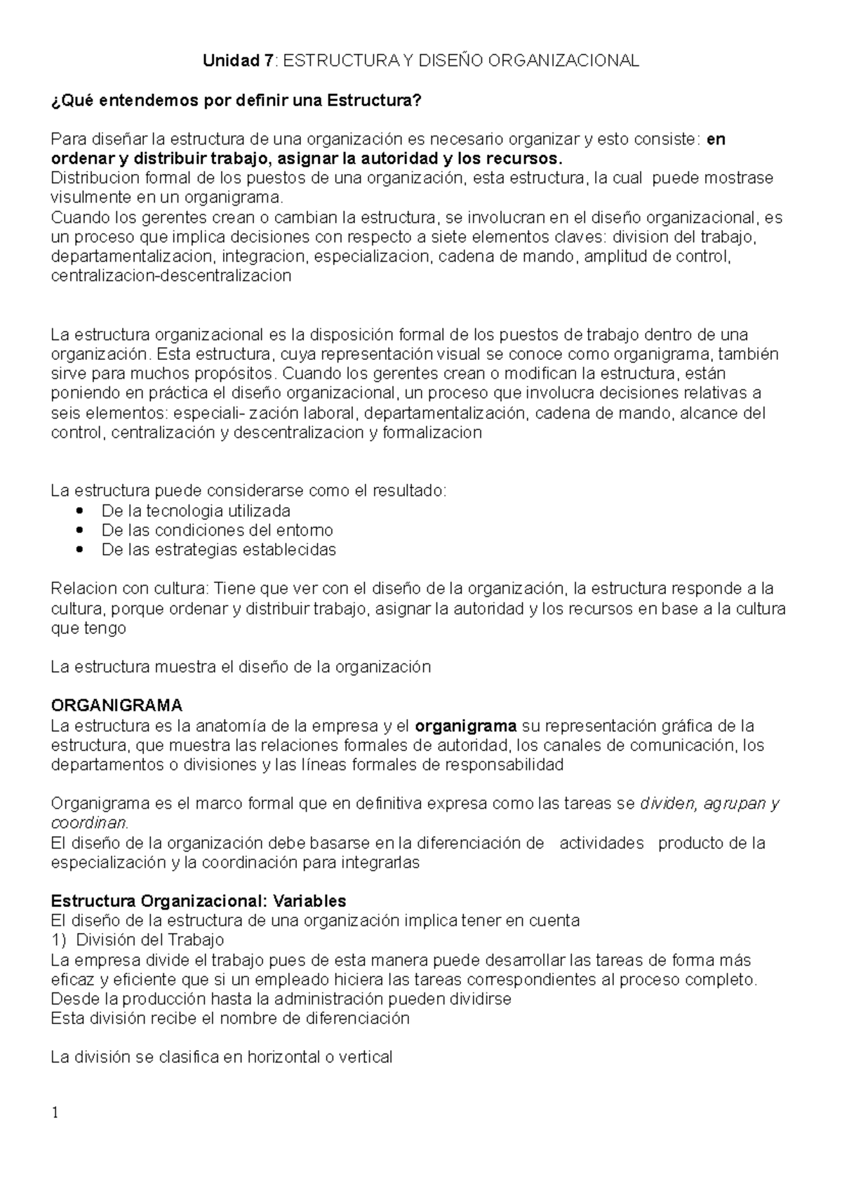 Estructura Organizacional - Unidad 7: ESTRUCTURA Y DISEÑO ...
