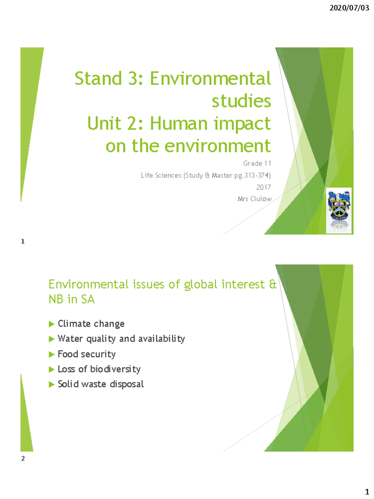 Gr11 Life Sciences: Human Impact on Environment Study Notes - Studocu