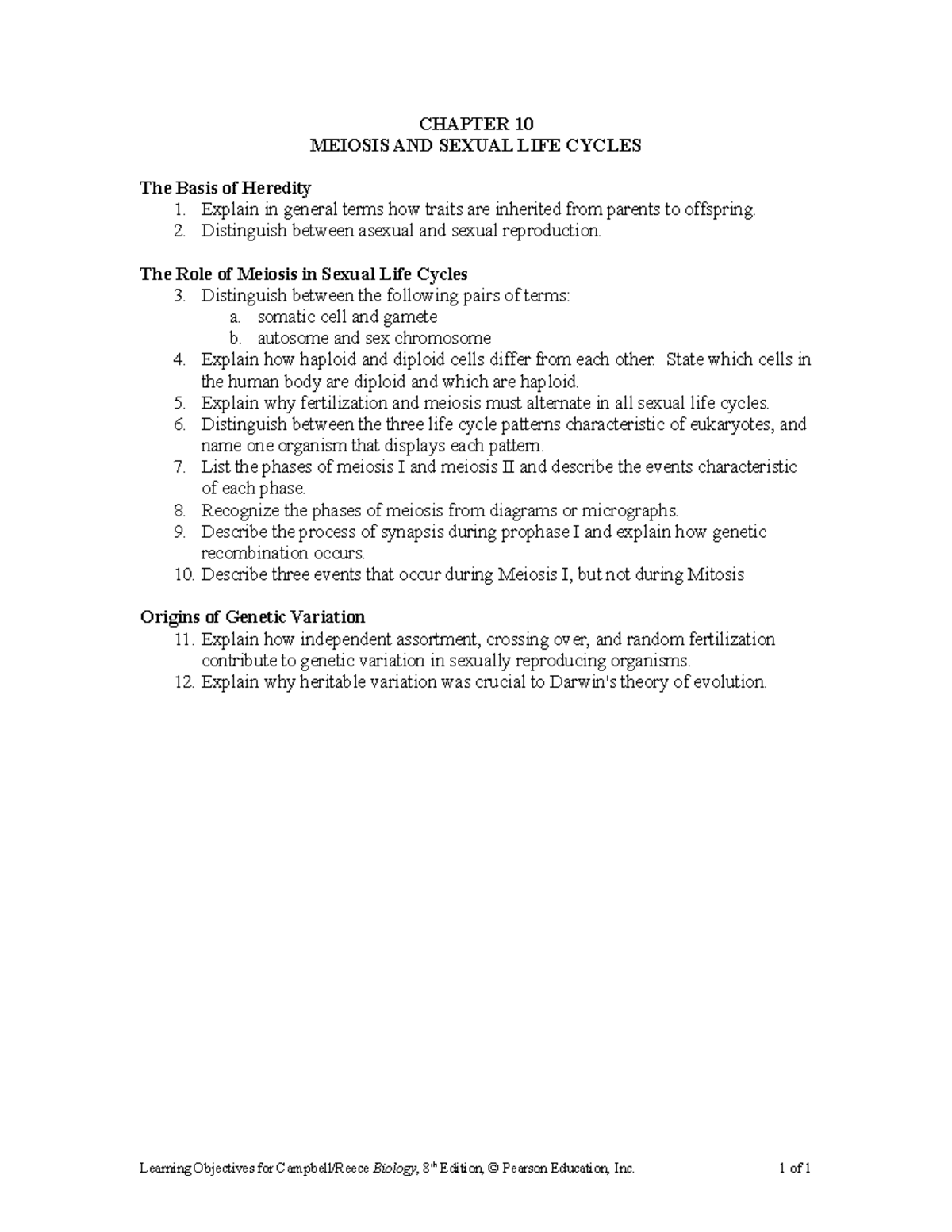 Chapter 10 Study Guide: Meiosis & Sexual Life Cycles Notes - Studocu