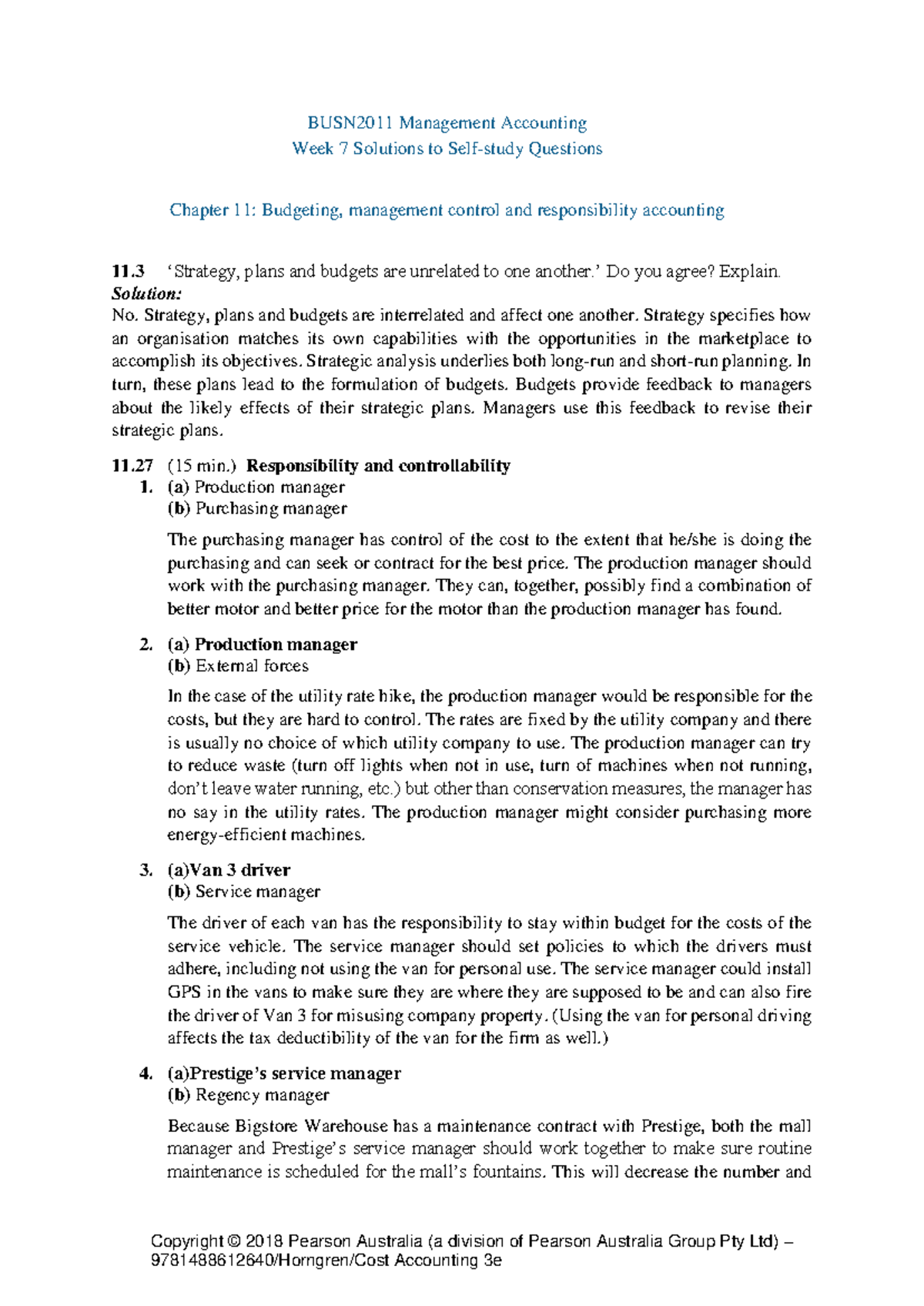 BUSN2011 Week 7 Solutions - Budgeting, Management Control ...