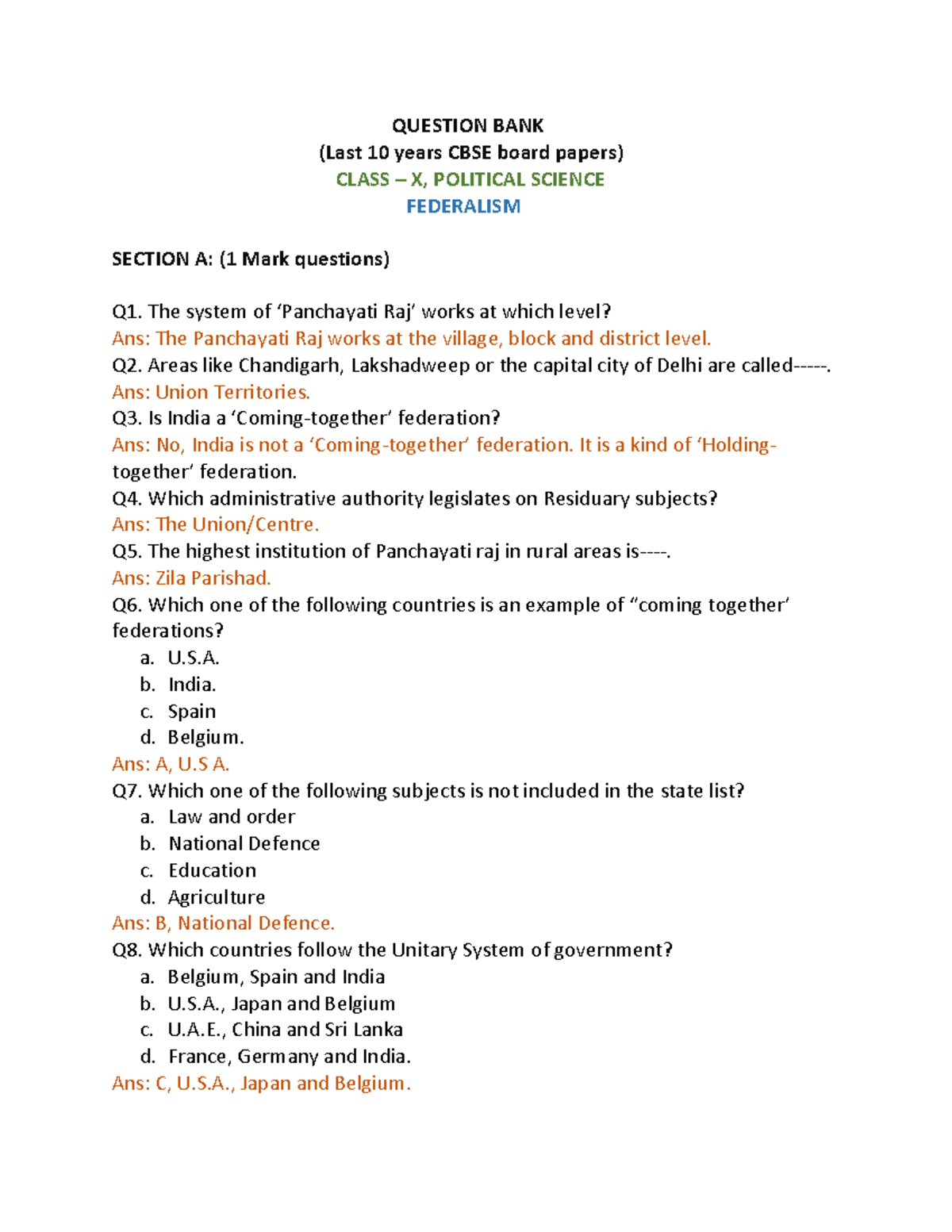 Question Bank: Class 10 Pol Sc Final Exam - Federalism Insights - Studocu