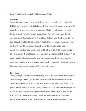 Lab 4-2 assignment only - DAD 220 Module Four Lab Guidelines and Rubric Overview It in important ...