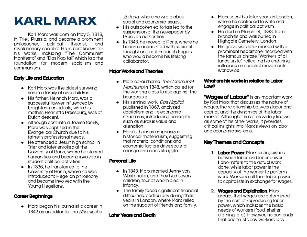 Karl Marx: Life, Works, and Economic Theories Review - Studocu