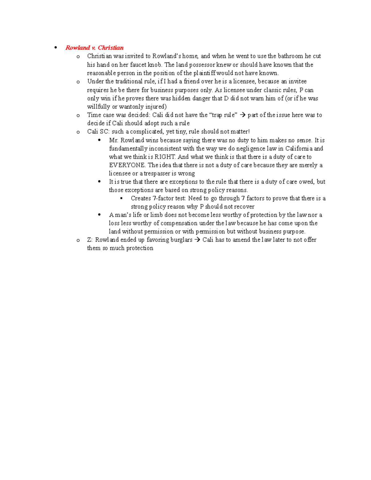Torts Law Outline - 2 - Rowland v. Christian o Christian was invited to ...