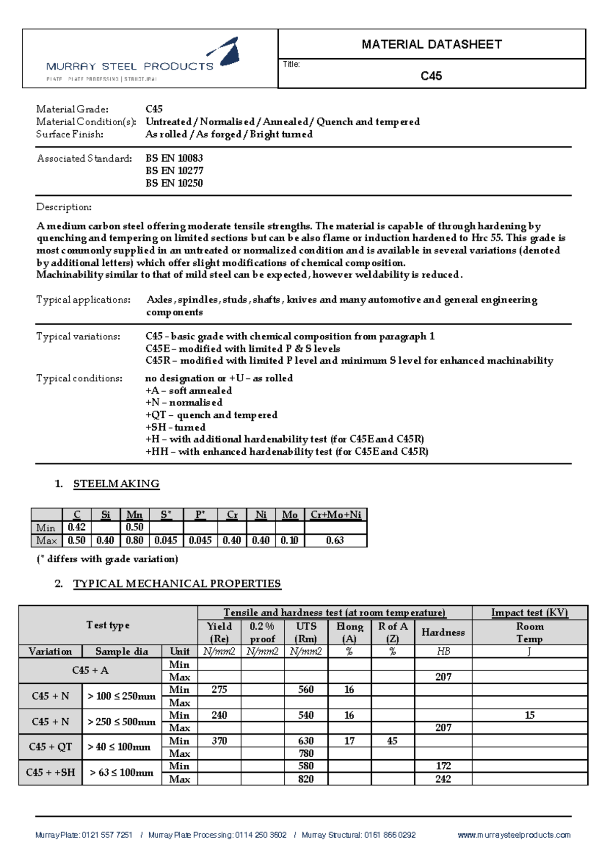 C45 Medium Carbon Steel - Murray Steel Products - MATERIAL DATASHEET ...
