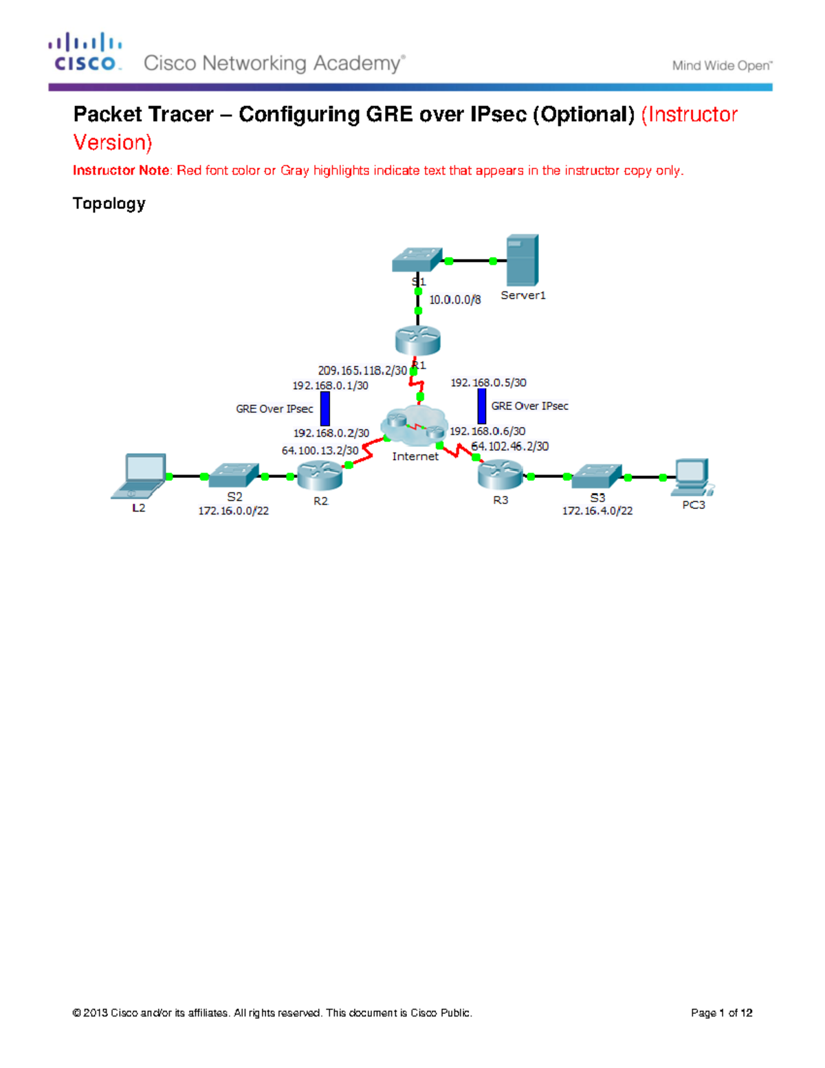 7.3.2.8 Packet Tracer - GRE Tunnel Configuration Over IPsec - Instructions - Studocu