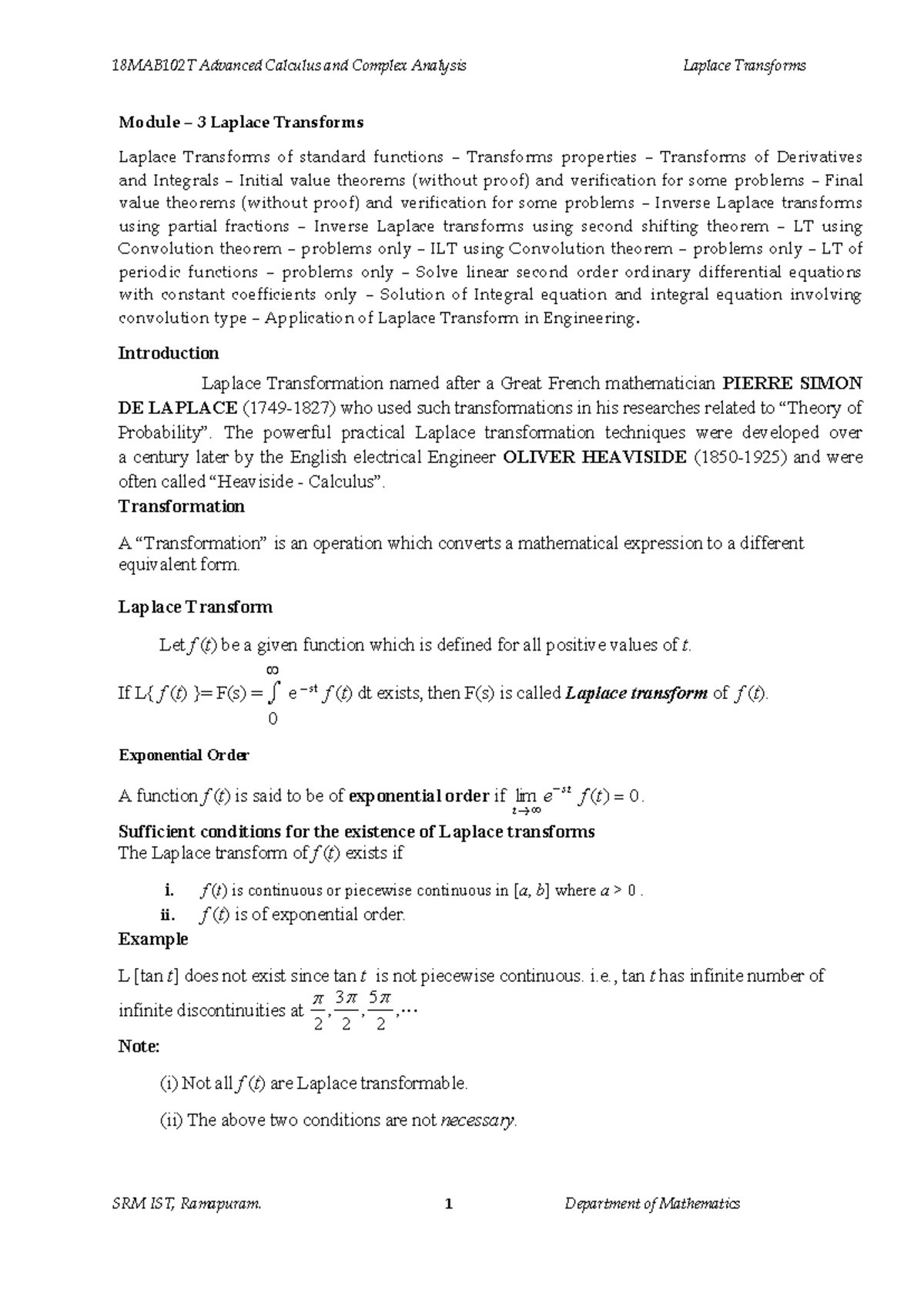 18MAB102T Advanced Calculus & Complex Analysis: Laplace Transforms Study Guide - Studocu