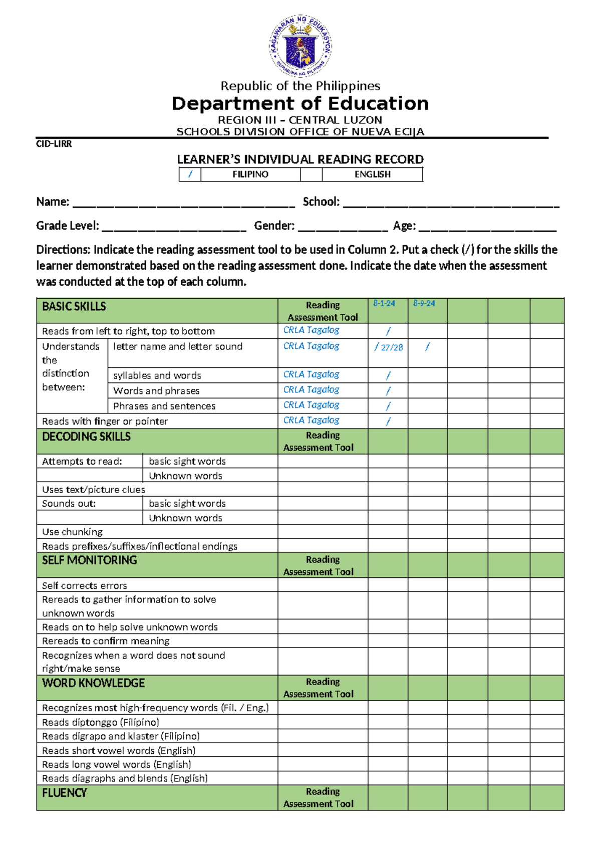 Individual Reading Record for Filipinos - Education Assessment Tool ...