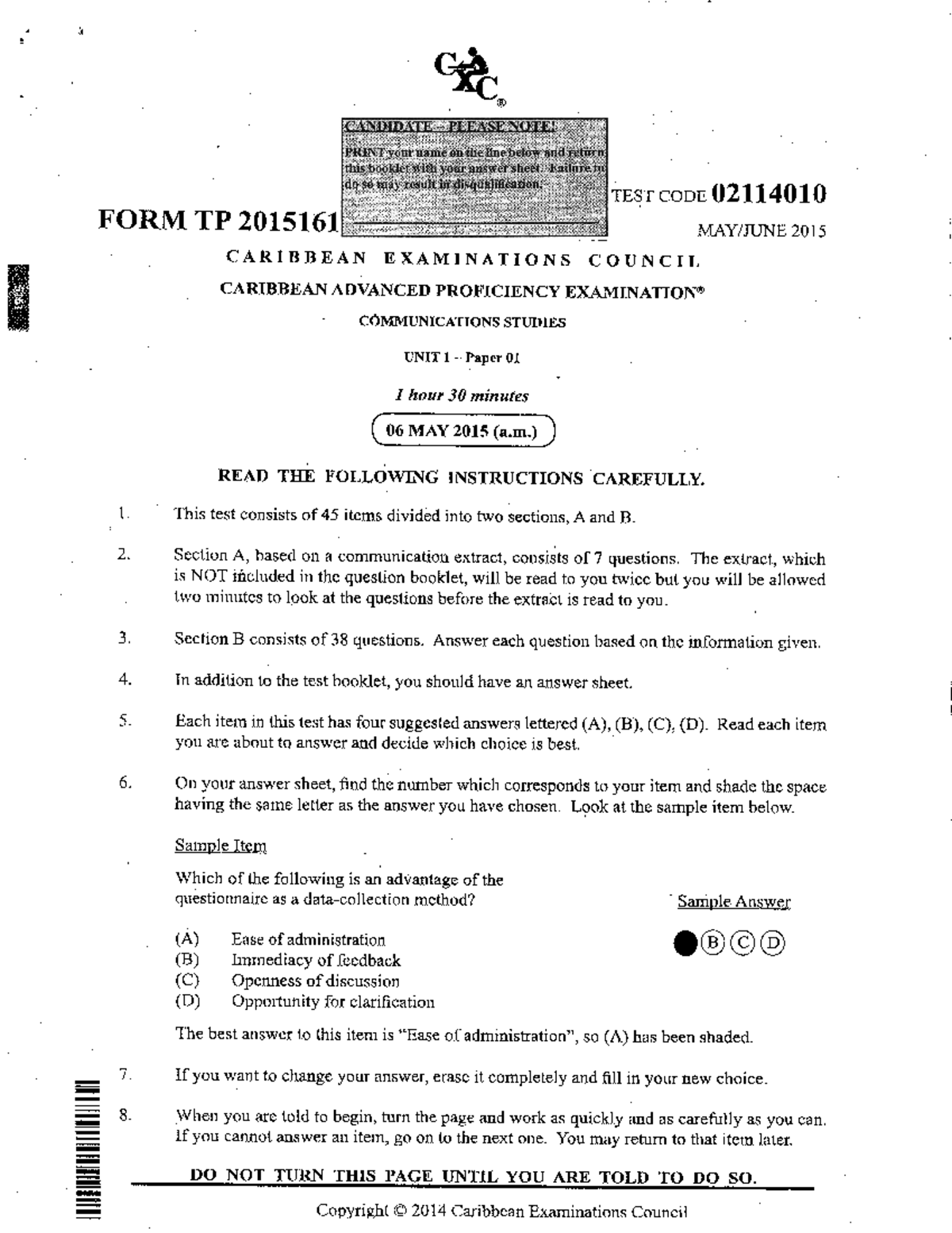 CAPE Communication Studies 2015 P1 Exam Answers and Analysis - Studocu