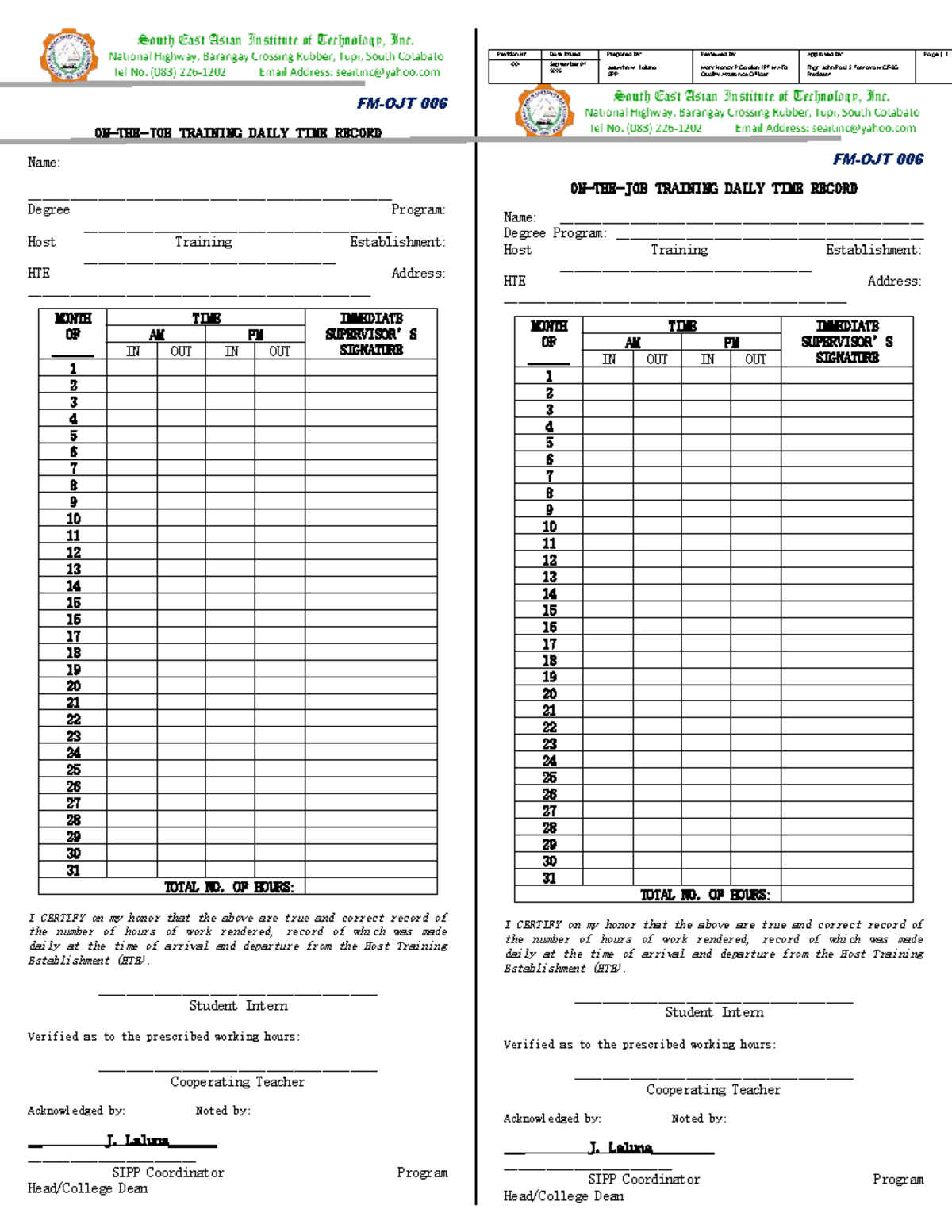 006 SIPP Training Daily Time Record Template - Studocu