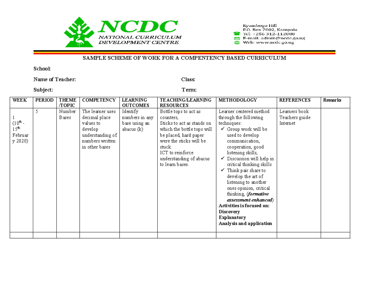 SAMPLE SCHEME OF WORK: COMPETENCY BASED CURRICULUM (WEEK 1) - Studocu