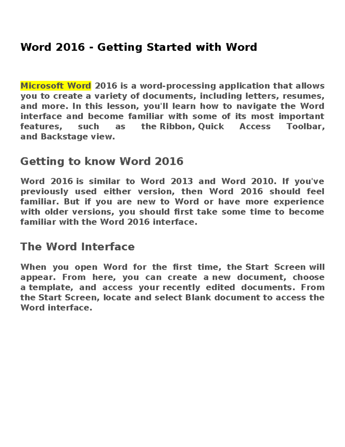 MS-WORD-2016: Introduction to Word Processing & Key Features - Studocu