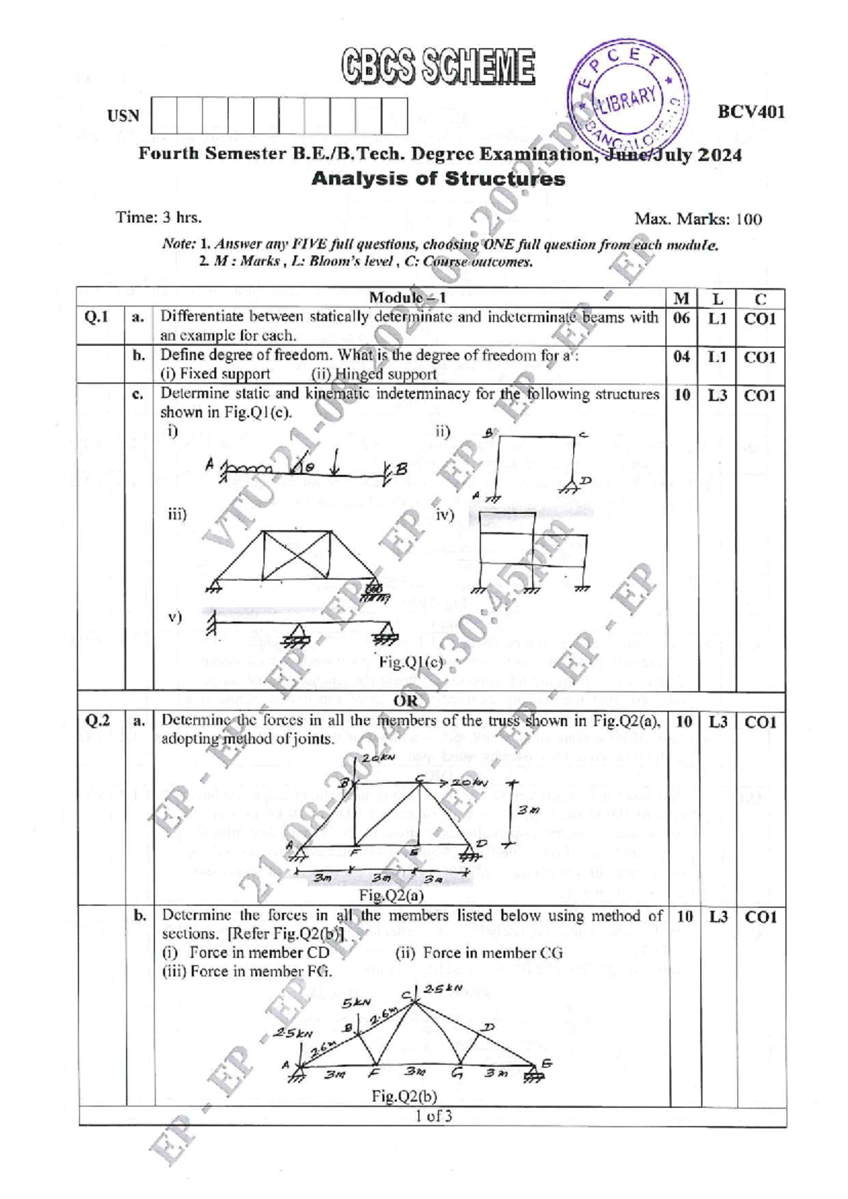 BCV401 Fourth Sem Tech Degree Exam: PYQ on Analysis of Structures - Studocu