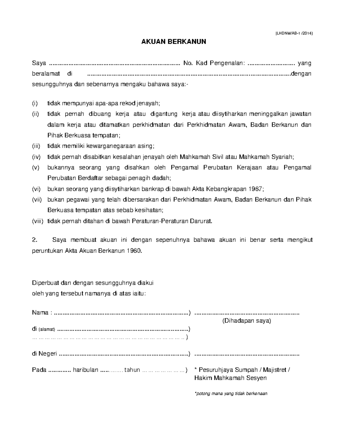 Contoh Surat Akuan Sumpah - (LHDNM/AB-1 /2014) AKUAN BERKANUN Saya ...