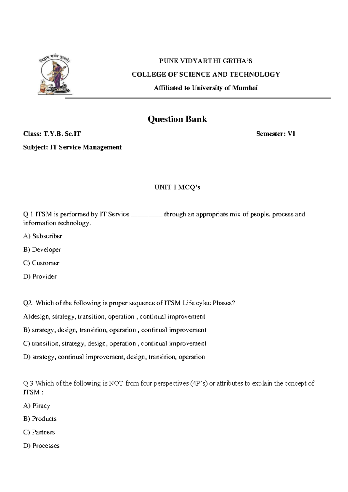 TYIT Sem 6 IT Service Management Question Bank & MCQs Overview - Studocu