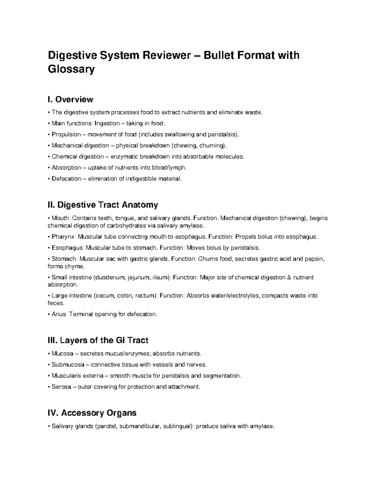 Digestive System Review Notes (BIO 101) with Glossary - Studocu
