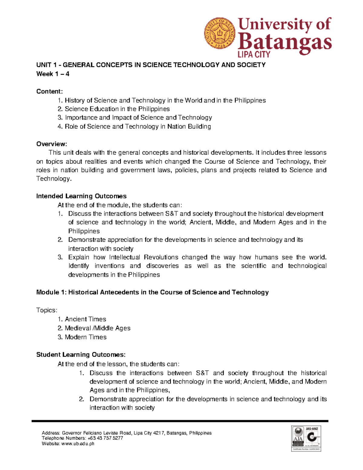 STS UNIT-1- Modules 1-3 - Address: Governor Feliciano Leviste Road, Lipa City 4217, Batangas ...