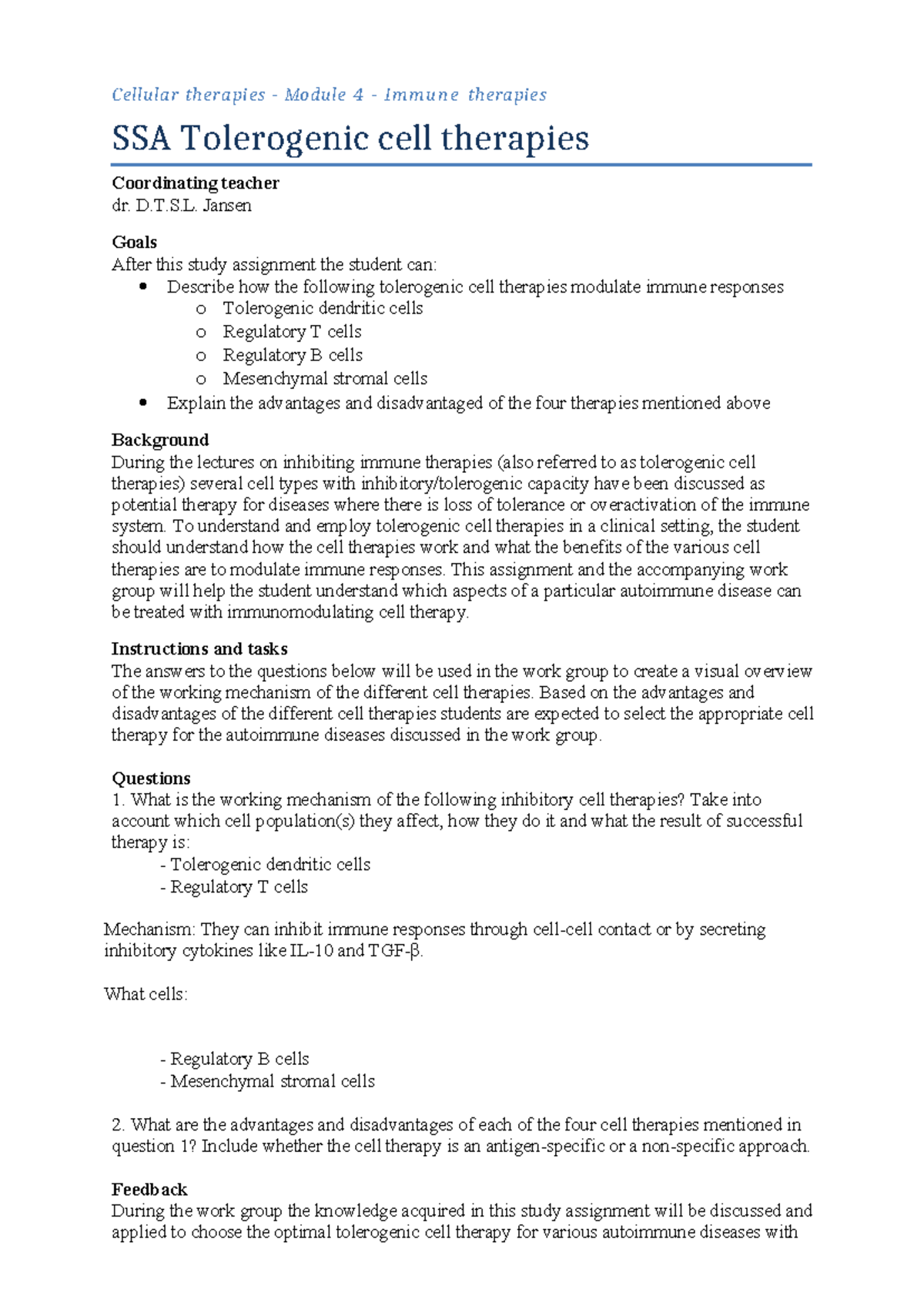 SSA Tolerogenic Cell Therapies: Mechanisms and Applications - Studeersnel