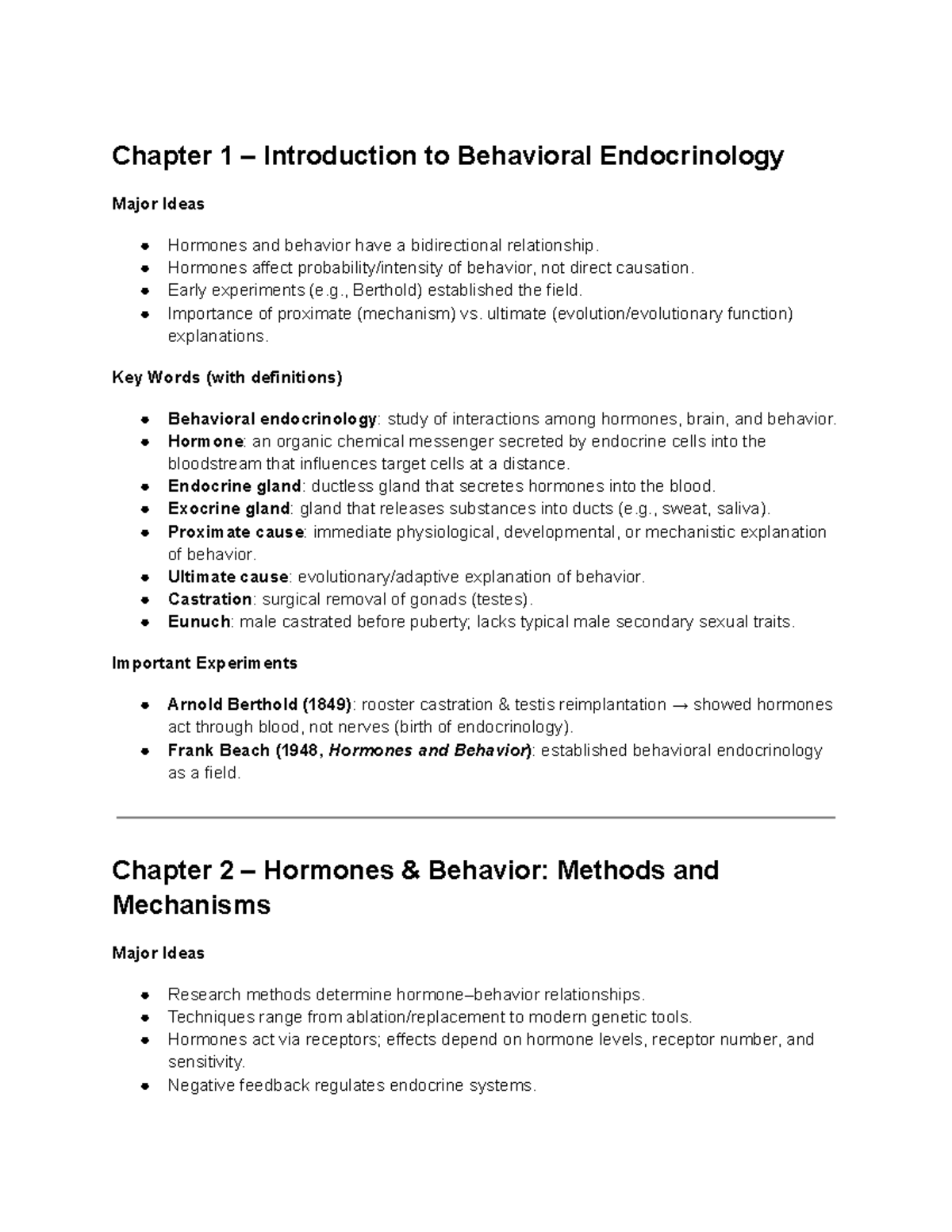 Hormones and Behavior Exam 1: Key Concepts and Definitions - Studocu