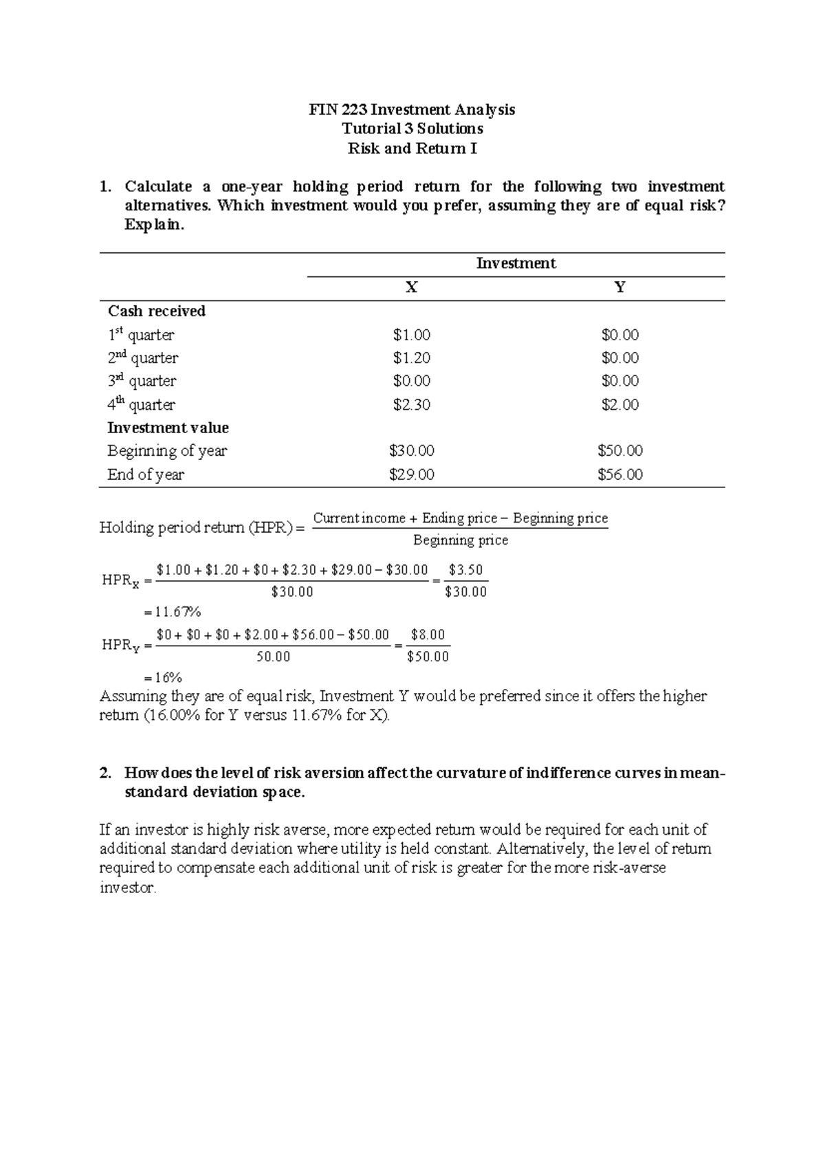 Tutorial 3 Solutions - FIN 223 Investment Analysis Tutorial 3 Solutions ...