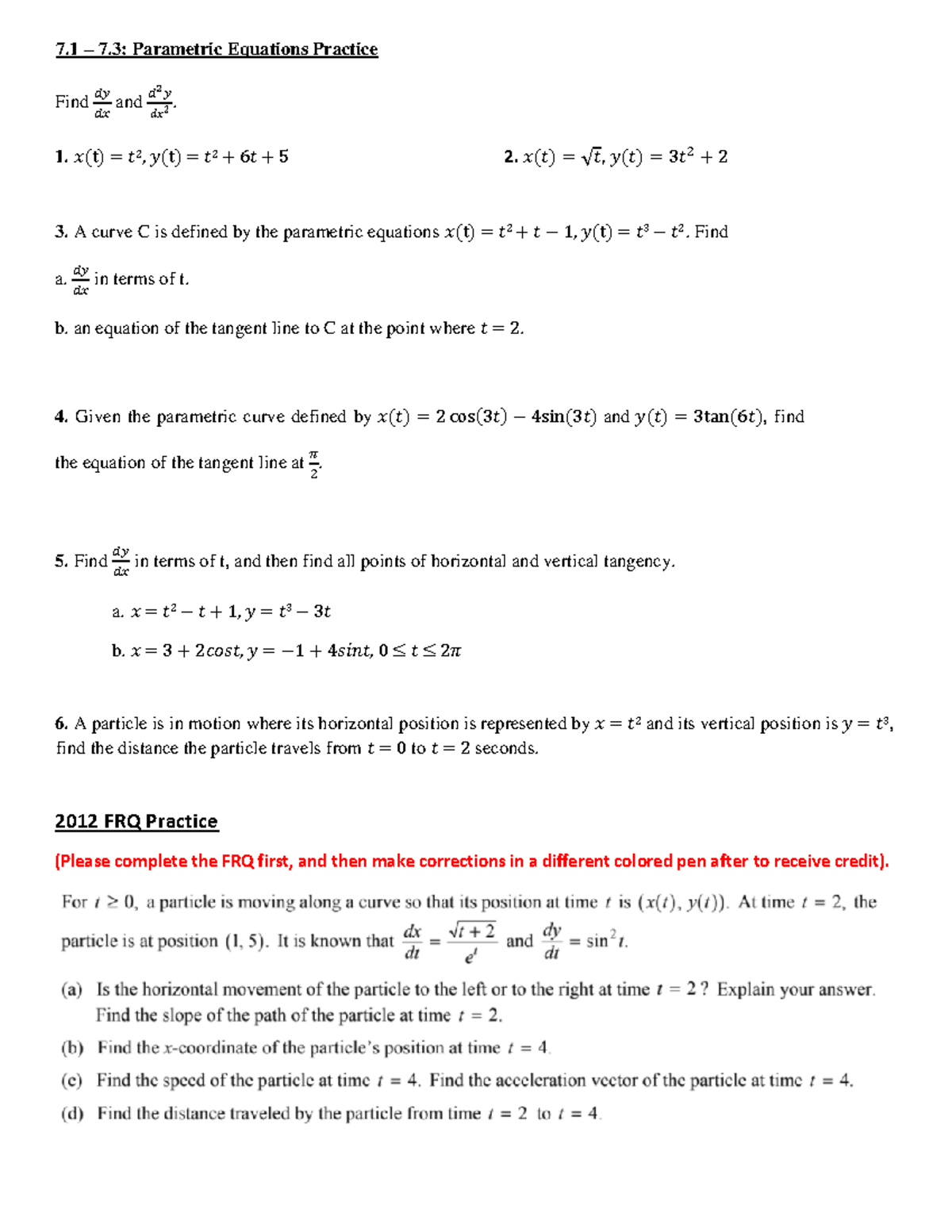 Polar & Parametric Homework #1 - 7 – 7: Parametric Equations Practice ...