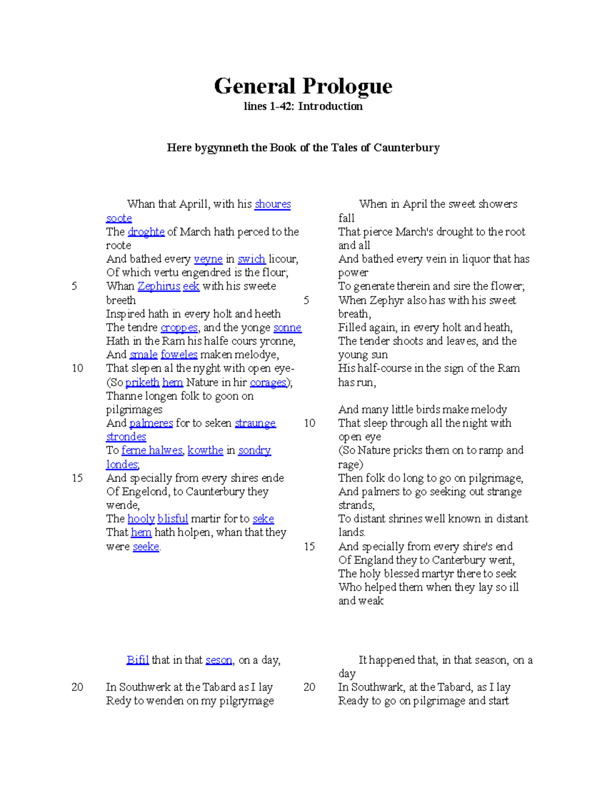 The Canterbury Tales (ENG 101) General Prologue: Side-by-Side ...