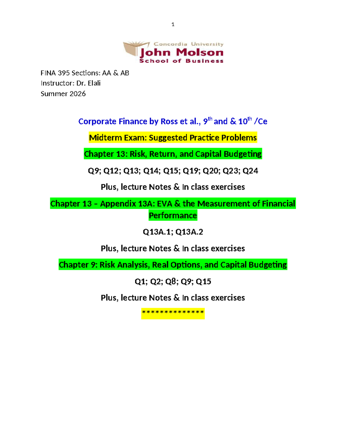FINA 395 -suggested practice problems-Midterm Exam- Summer 2026 - 1 ...