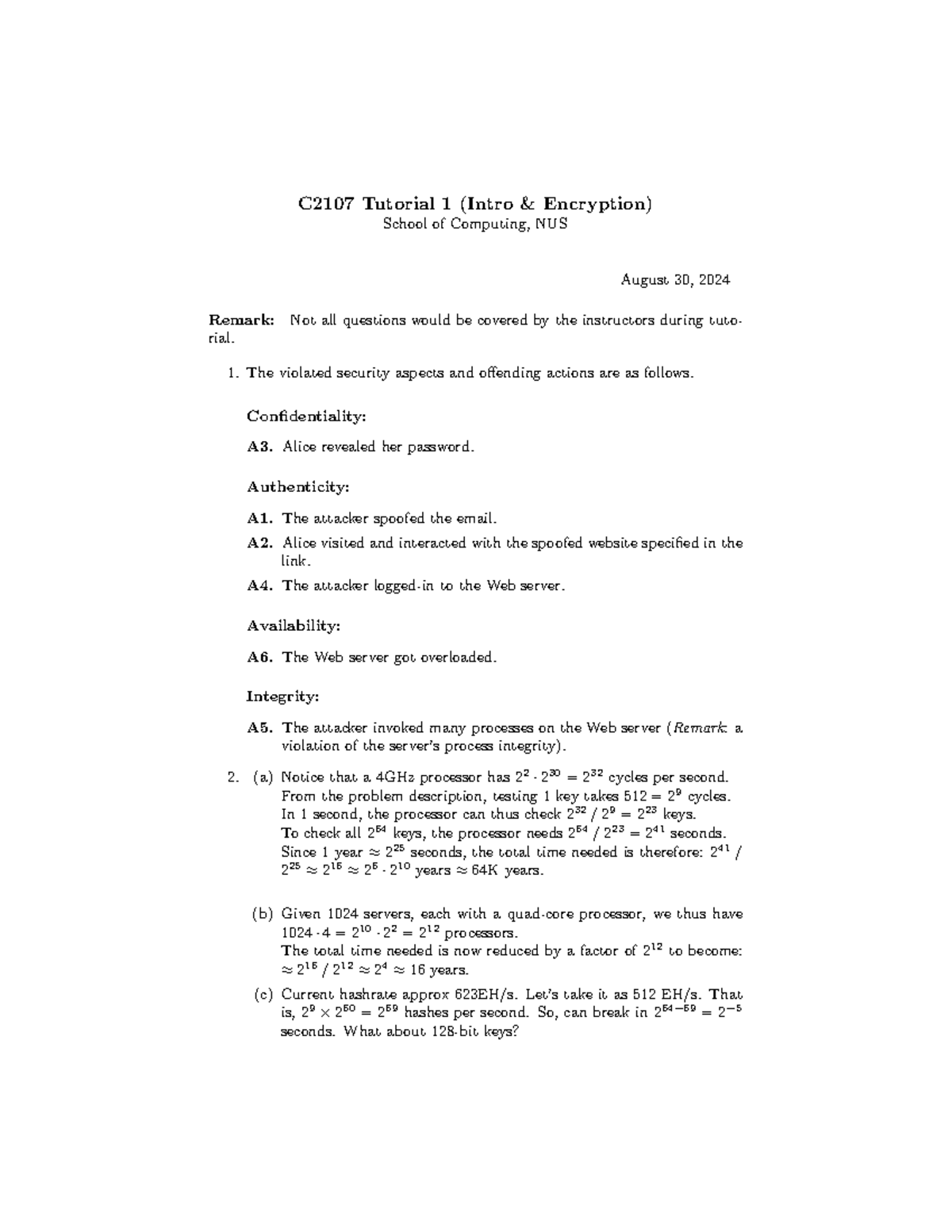 C2107 Tutorial 1: Intro to Encryption Solutions and Security Analysis ...