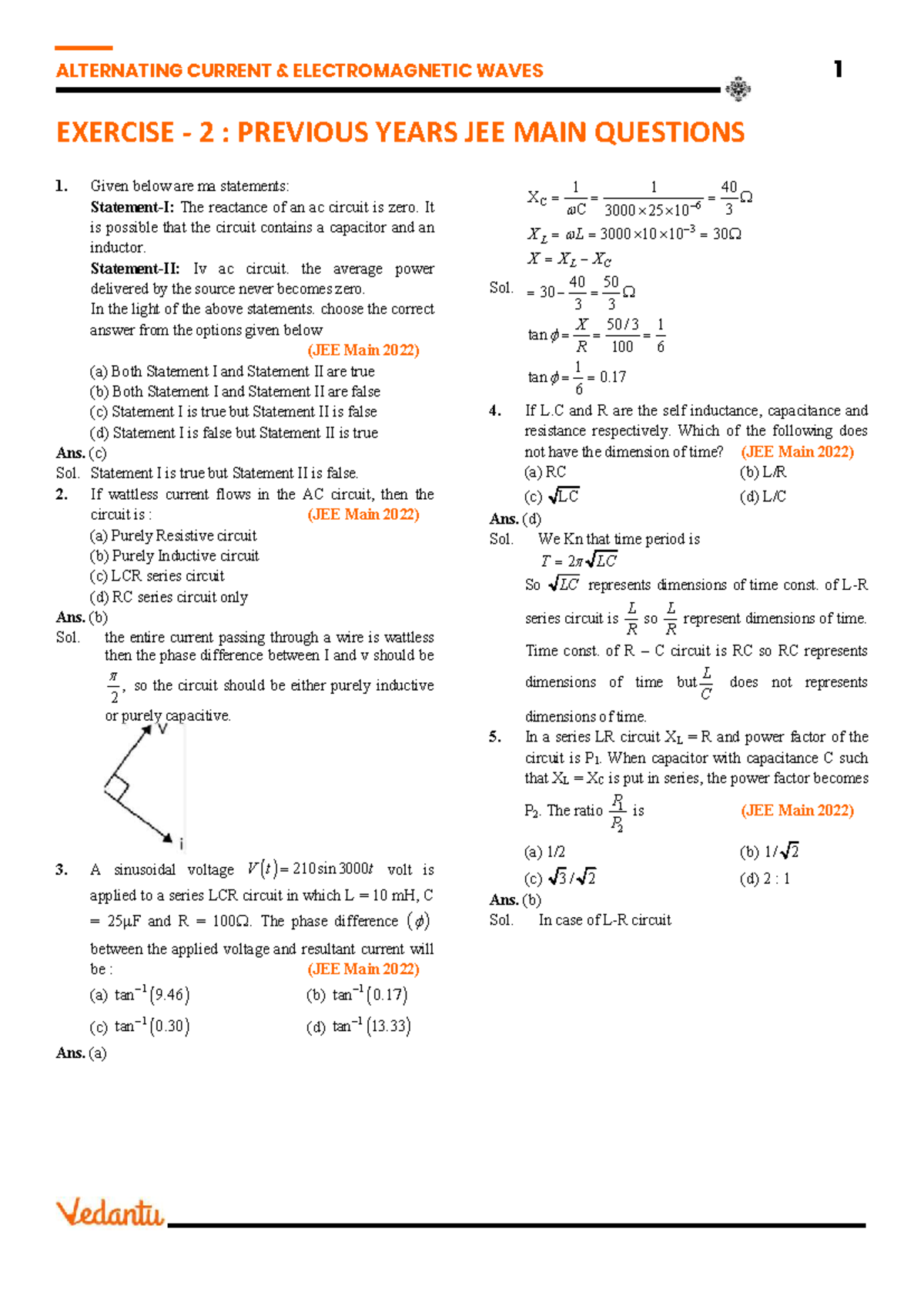 Alternating Current and Electromagnetic Waves (EX 2): JEE Main Past Questions - Studocu