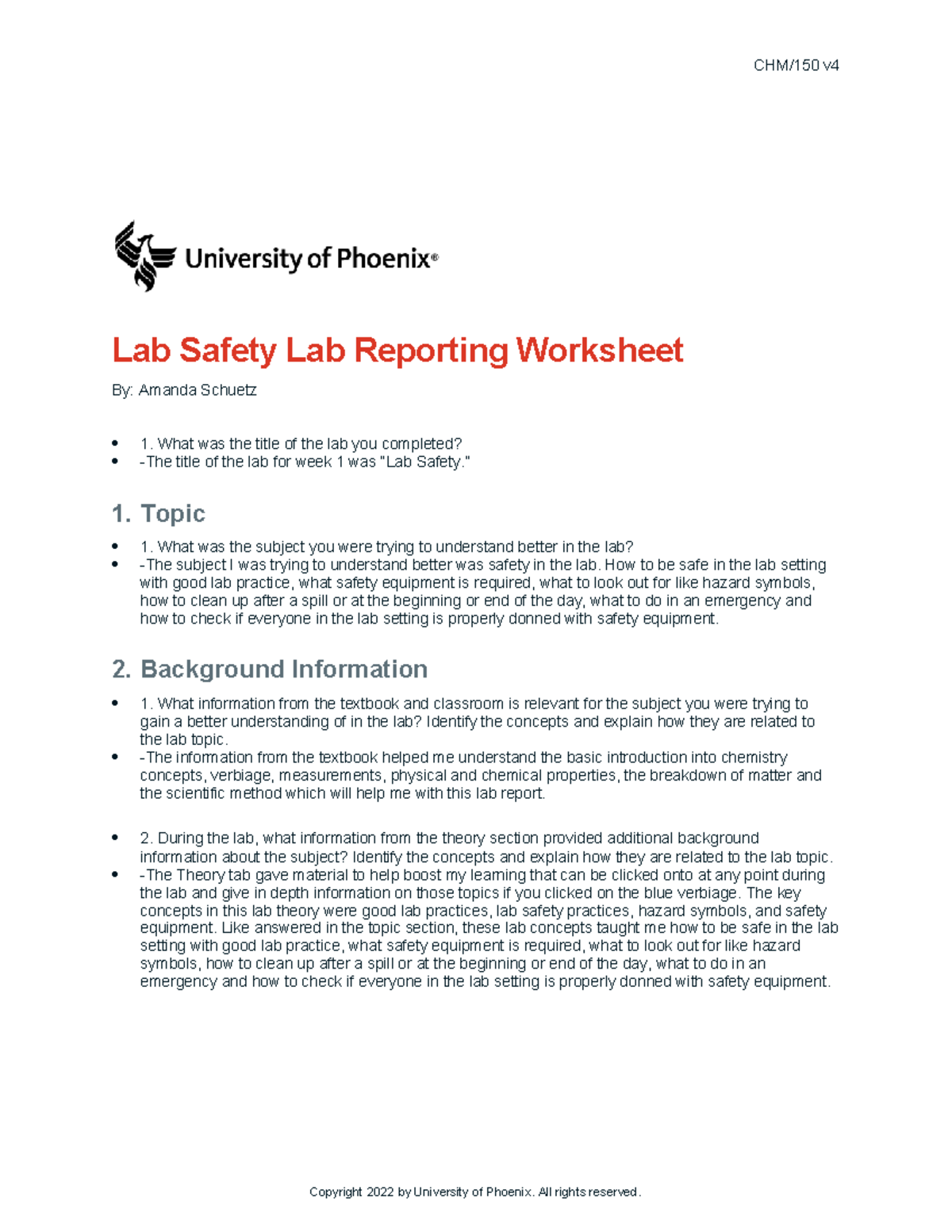 Lab Safety Report - CHM/150 Week 1 Lab Overview - Studocu