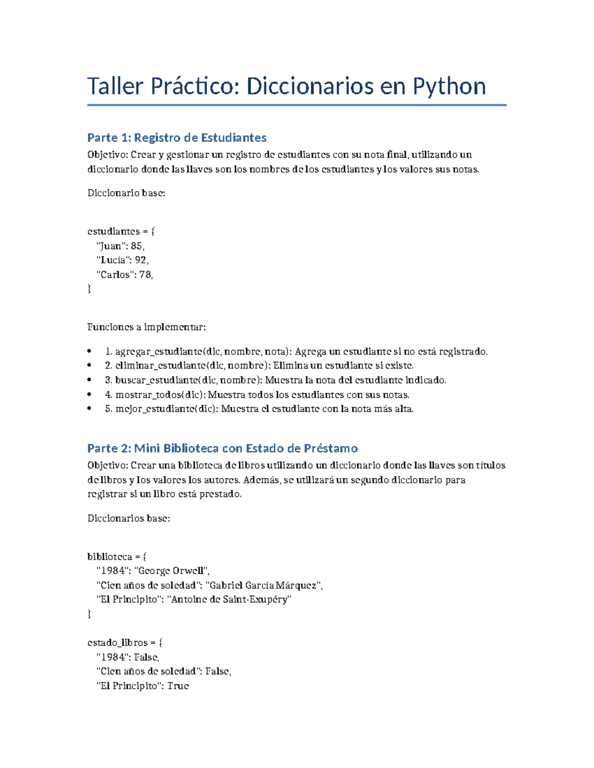 Taller Práctico: Diccionarios en Python - Registro y Biblioteca - Studocu