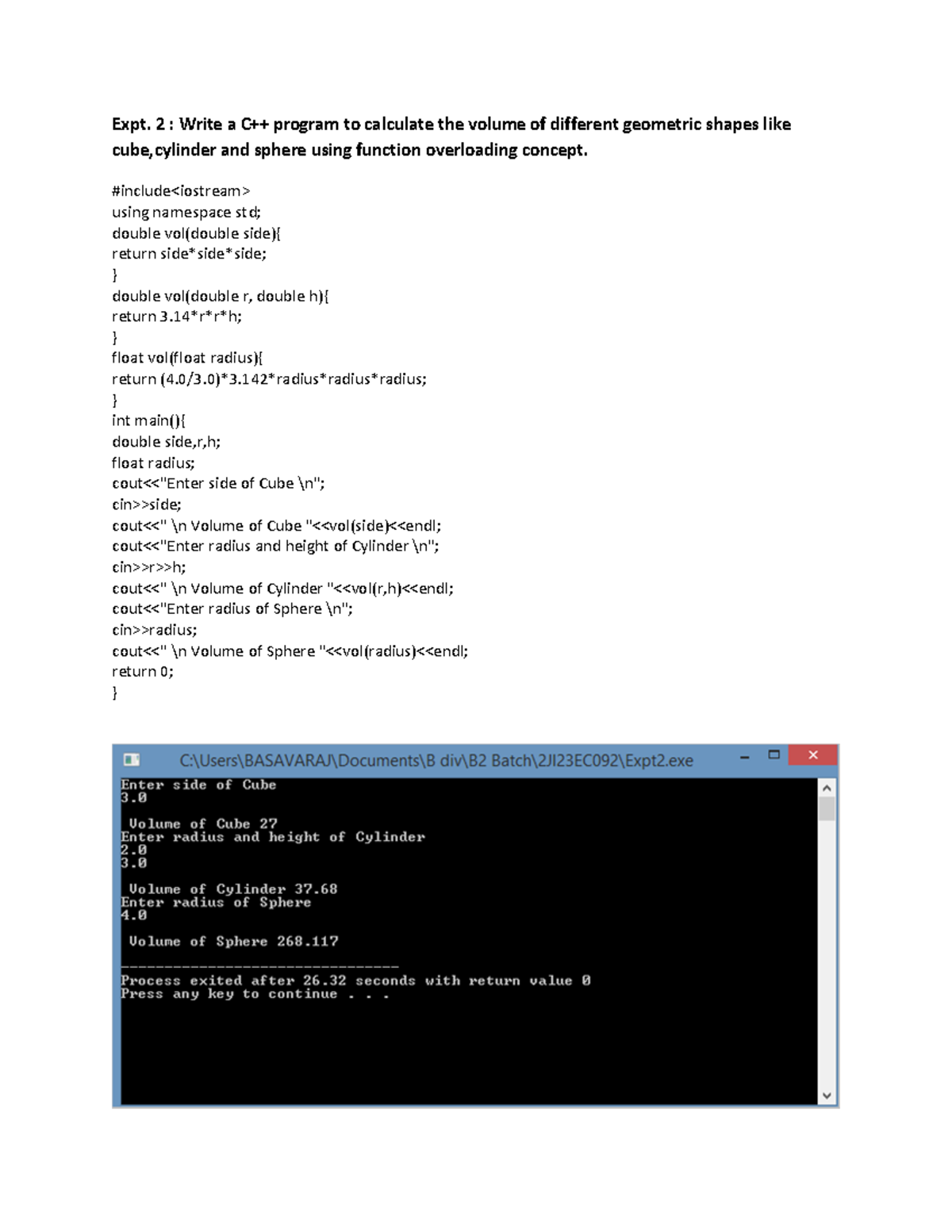 Expt2 - Notg - Expt. 2 : Write a C++ program to calculate the volume of ...