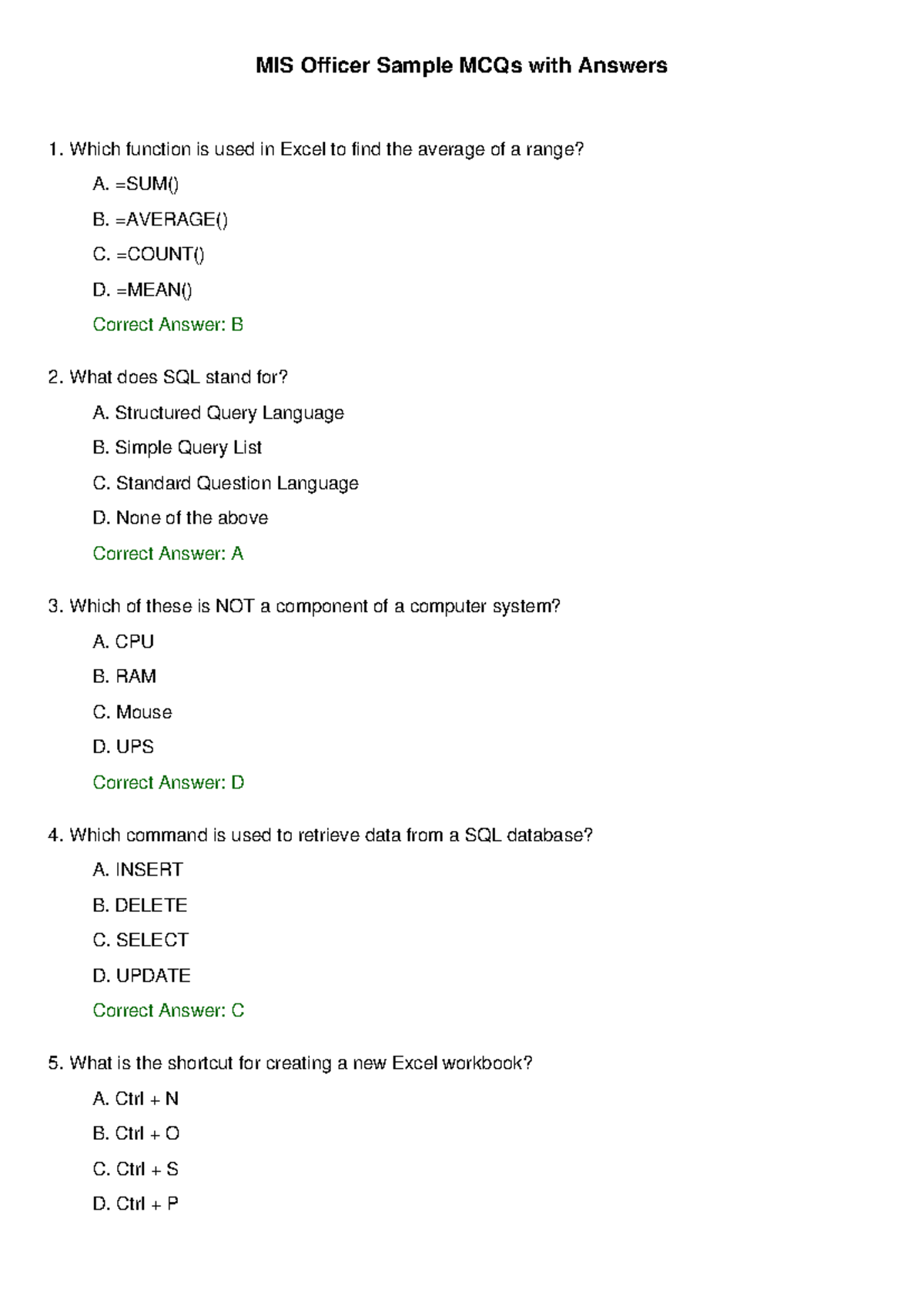 MIS Officer Sample MCQs & Answers for Exam Preparation - Studocu