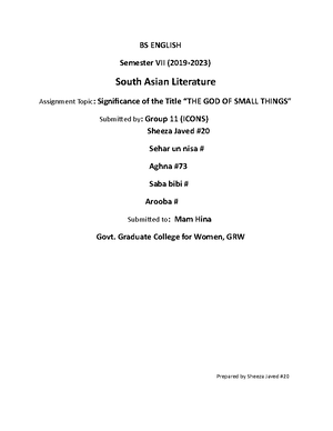 South Asian Lit Notes 1 - BS Hons. English (Semester VII) Course Title ...