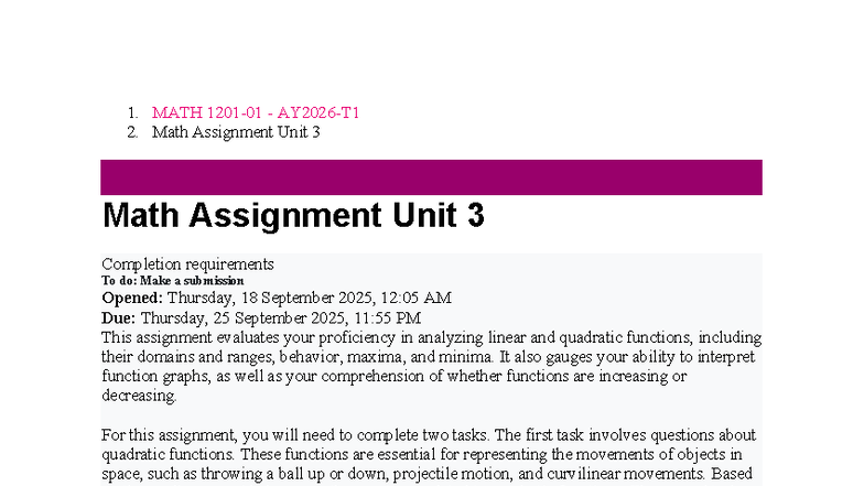 MATH 1201 Unit 3 Assignment: Analyzing Linear & Quadratic Functions - Studocu