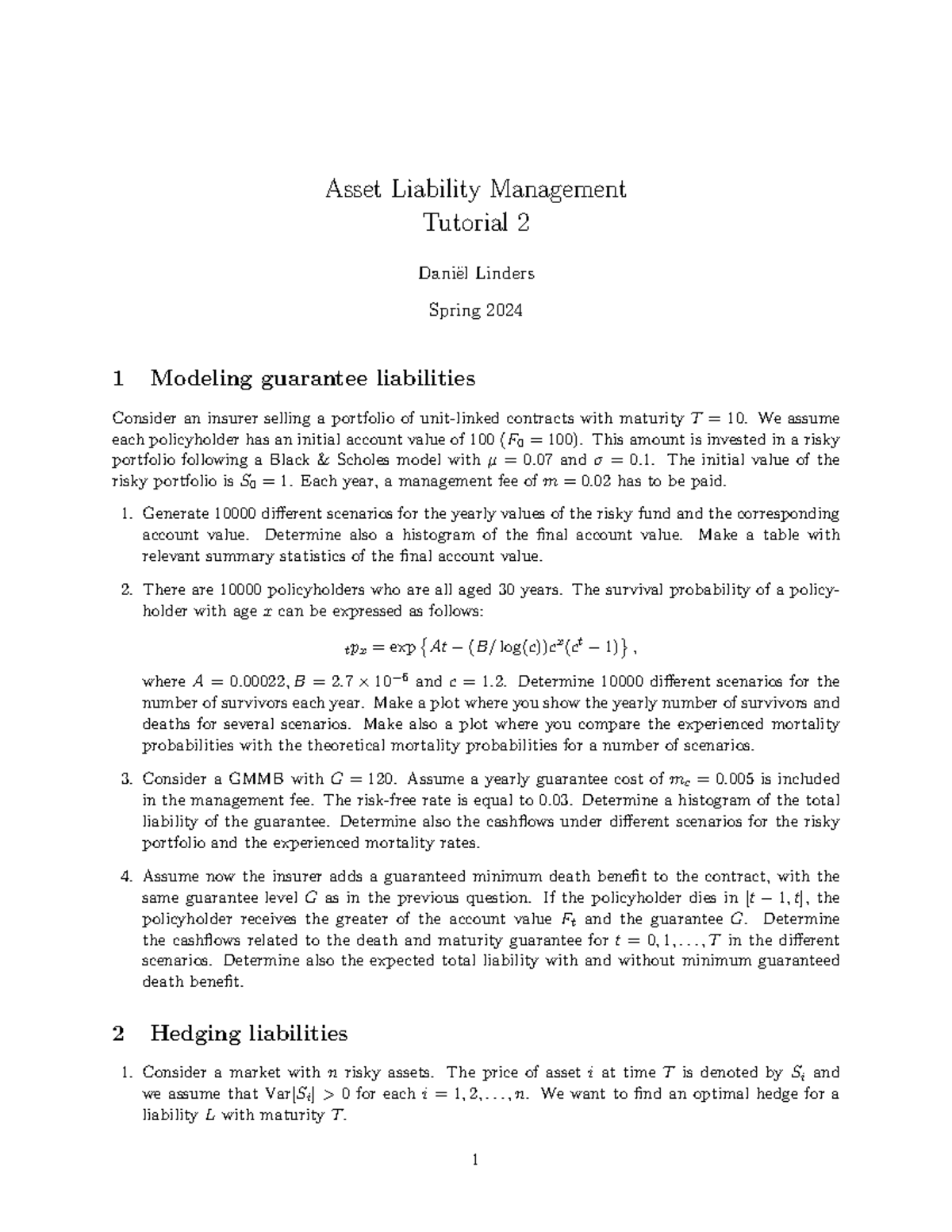 Asset Liability Management Tutorial 2 ALM 2024: Modeling Guarantee ...