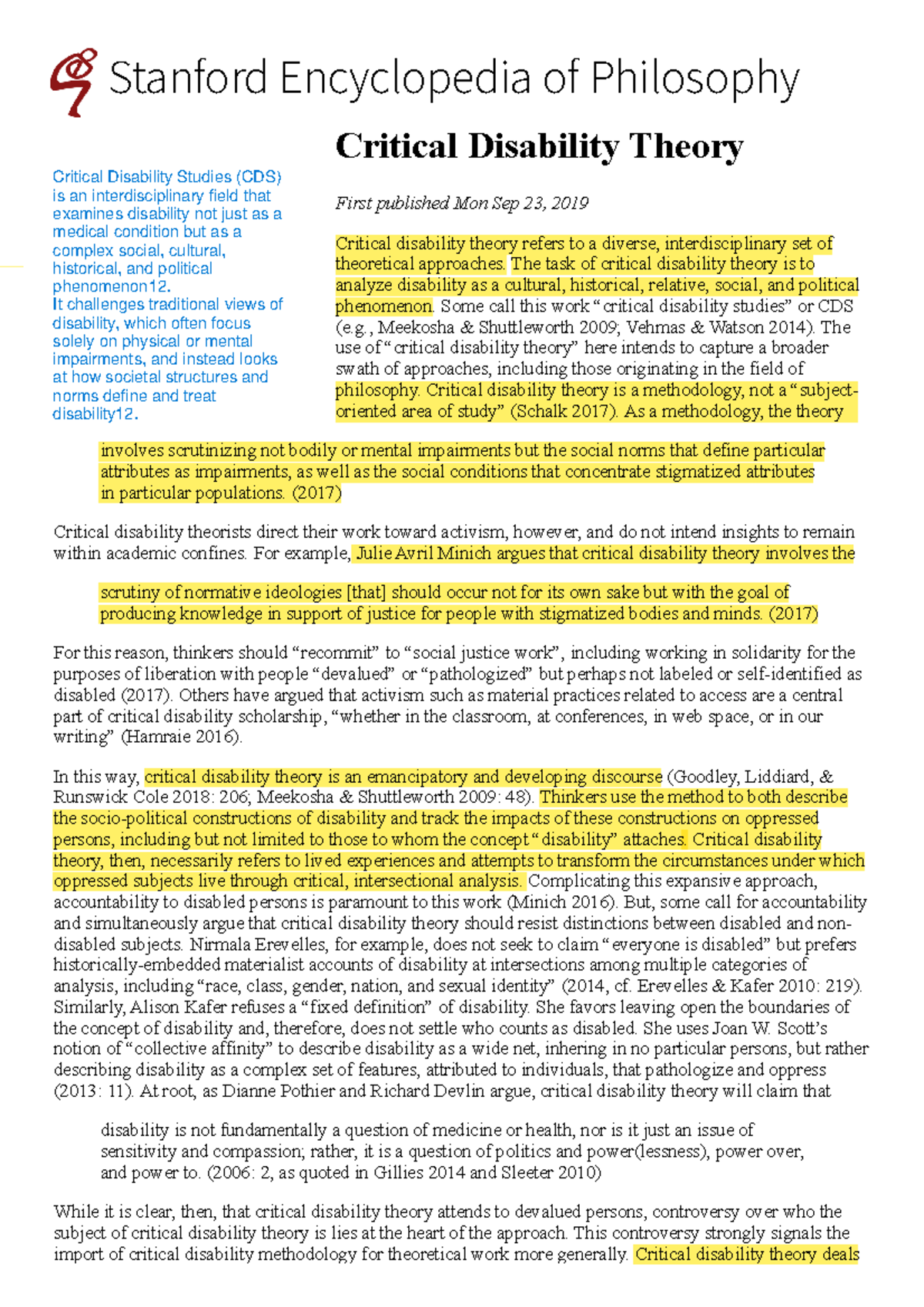 Critical Disability Theory: Overview and Key Debates in CDS - Studocu