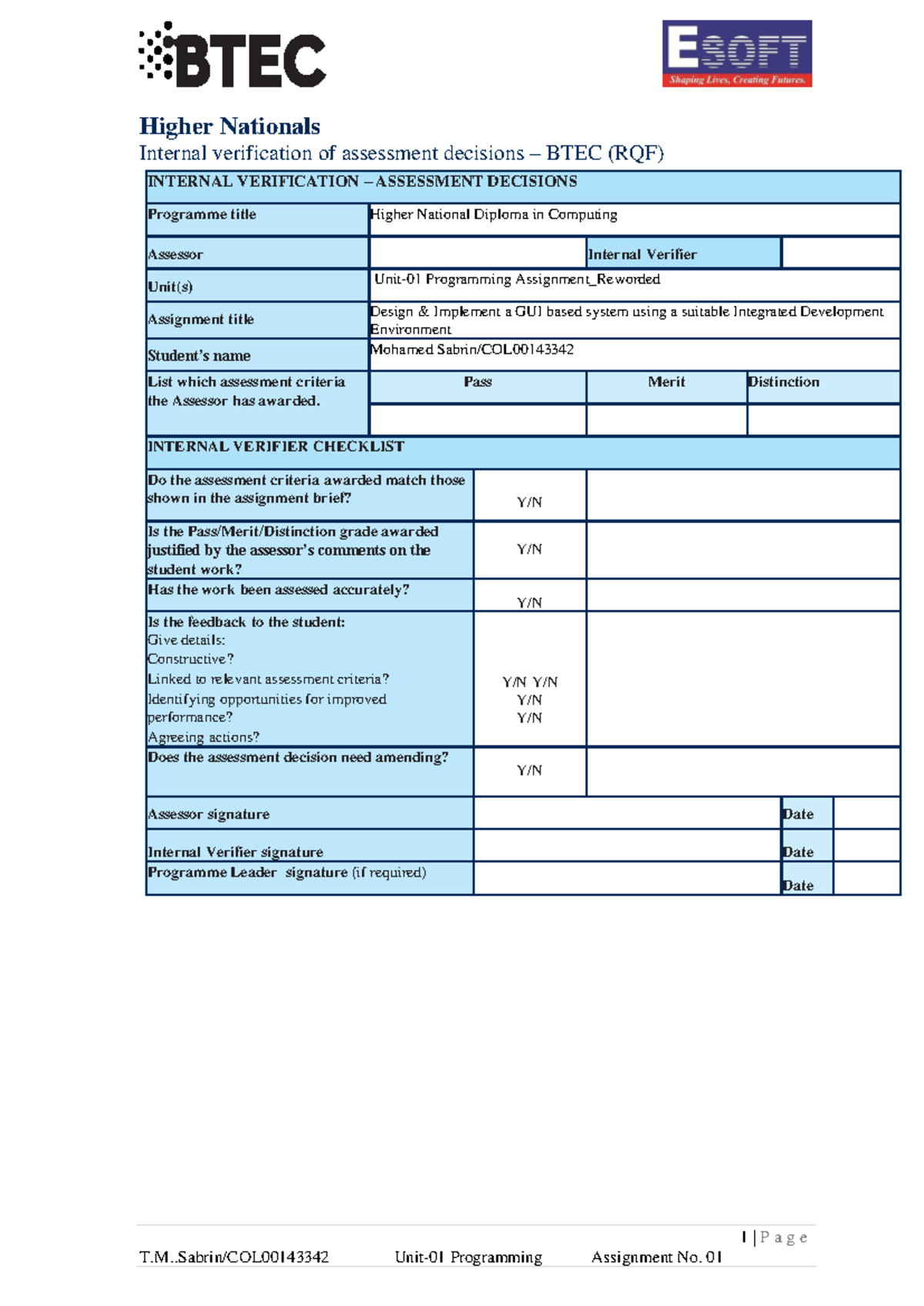 Unit-01 Programming Assignment Reworded - 1 | P a g e Higher Nationals ...