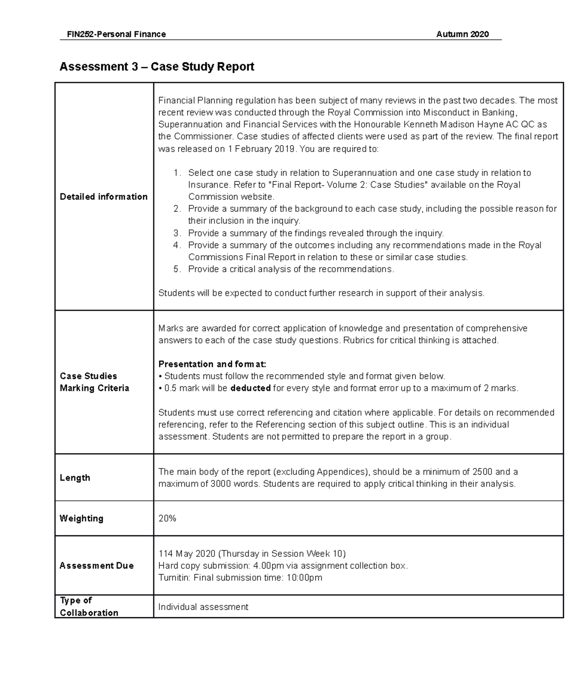 Assignment summary and Marking criteria - Assessment 3 – Case Study ...