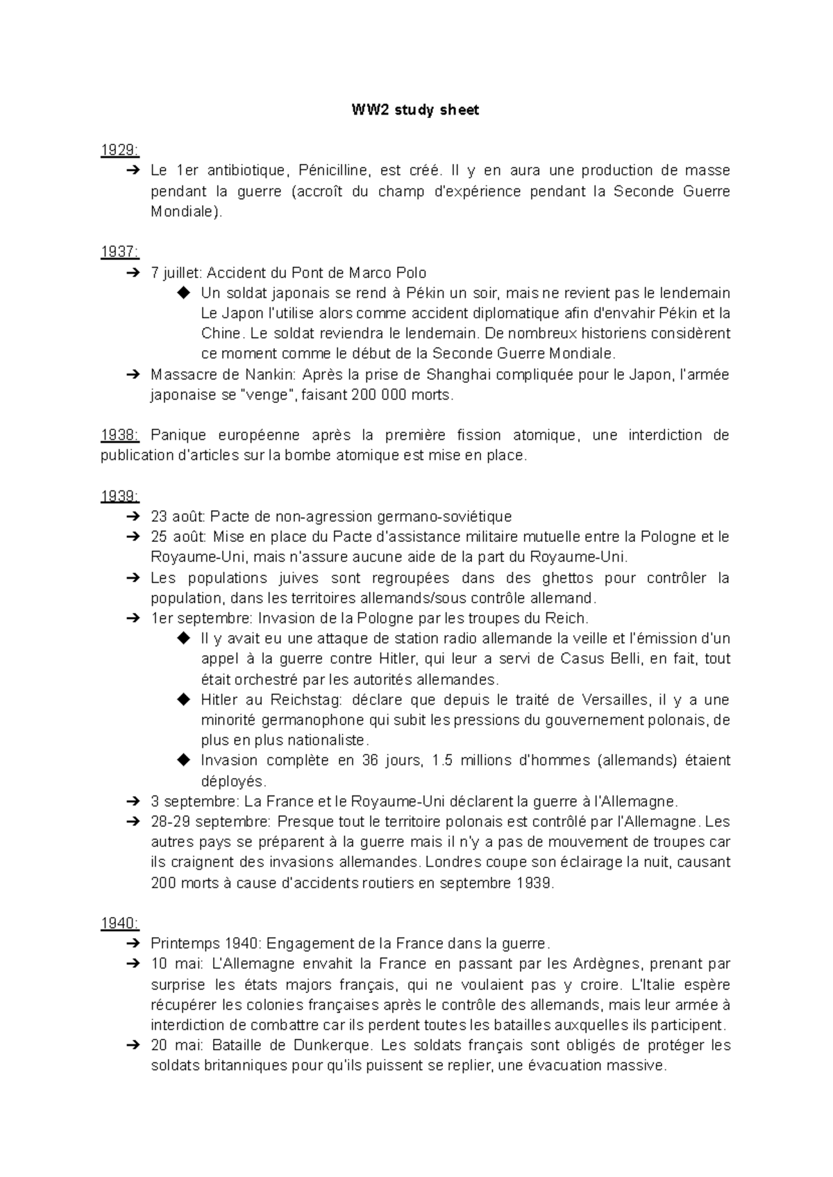 WW2 study sheet - Dates importantes de la seconde guerre mondiale - WW2 ...