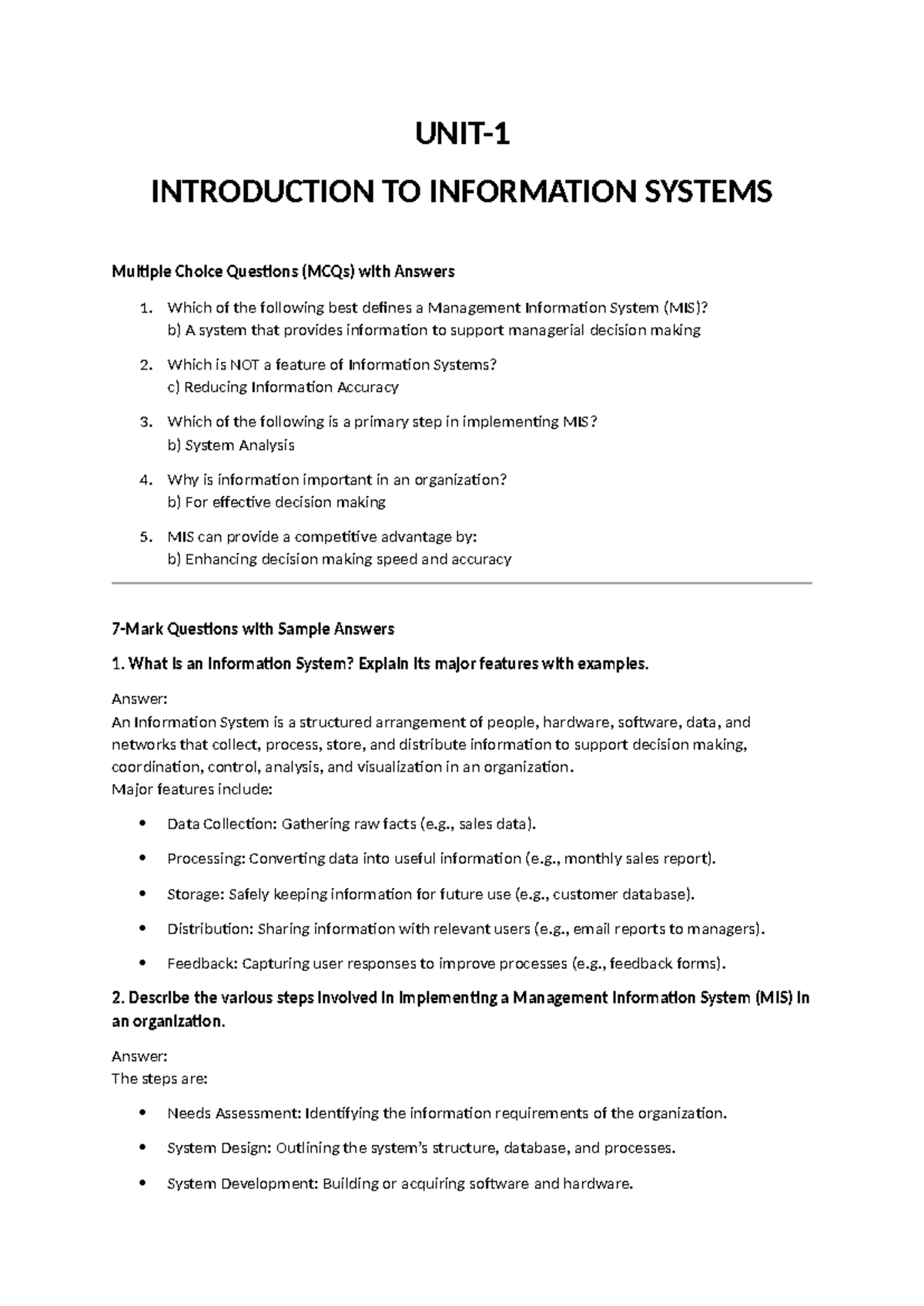 UNIT-1 - MIS: MCQs & Key Concepts for Information Systems - Studocu
