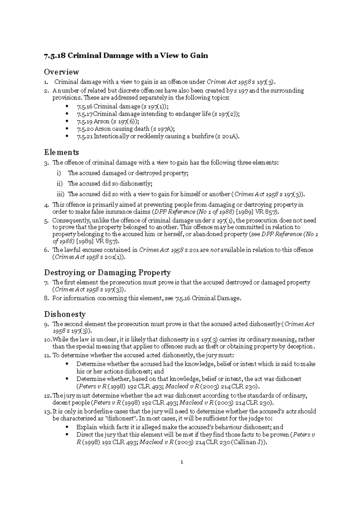 7.5.18 Overview of Criminal Damage for Gain Under Crimes Act 1958 - Studocu