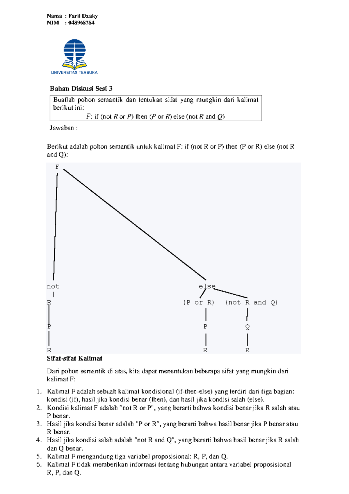 Diskusi 3: Pohon Semantik Kalimat F dalam Logika Informatika - Studocu