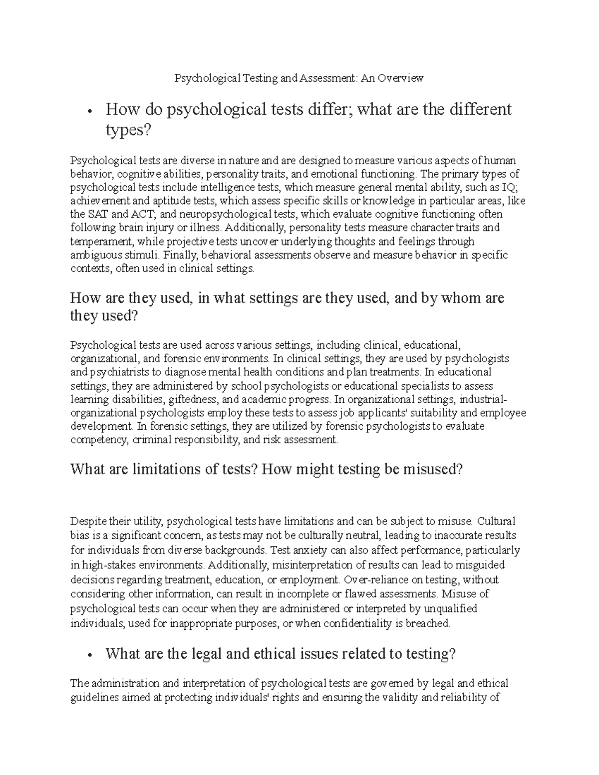Psychological Testing & Assessment (Week 1): Overview & Applications ...