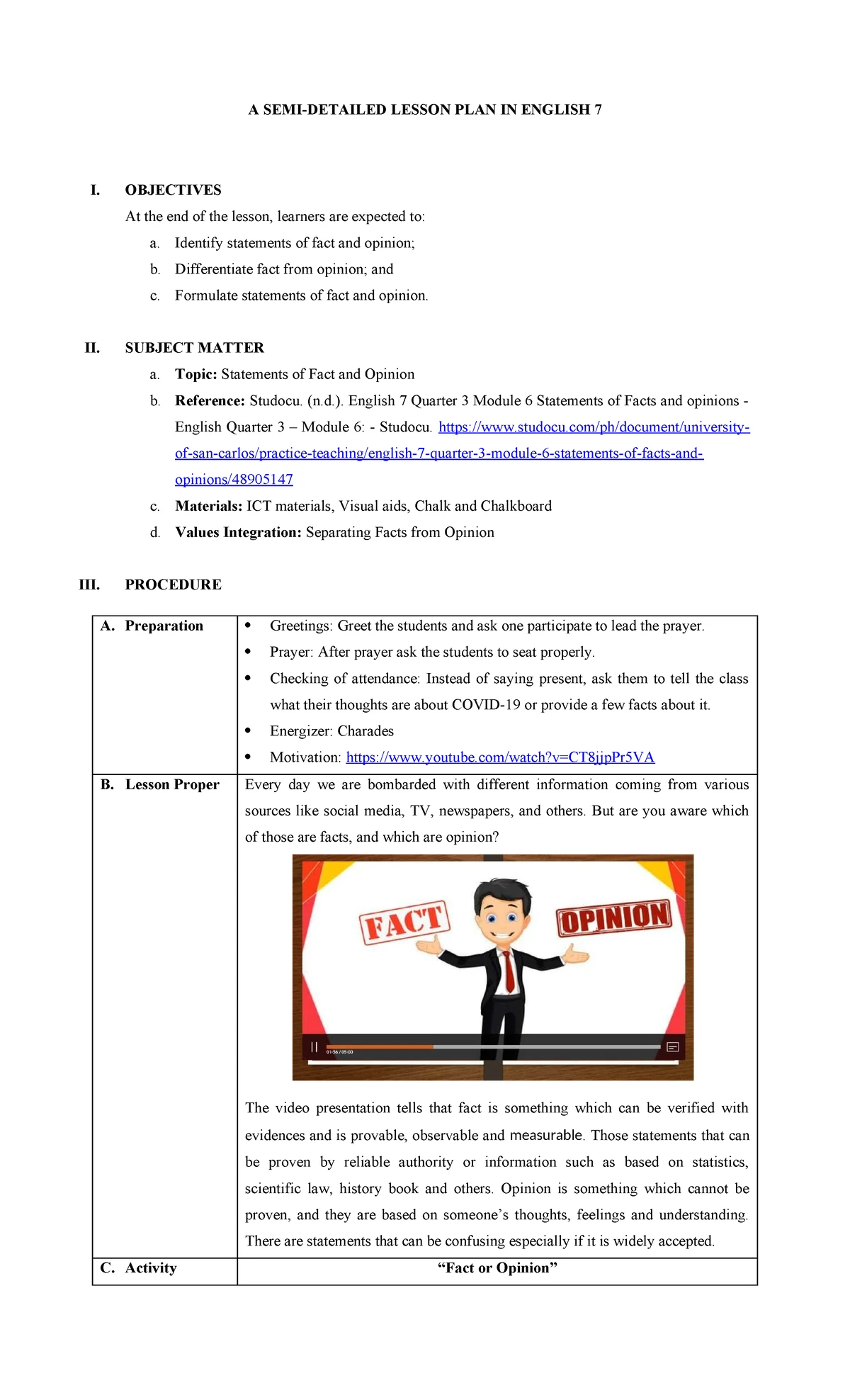 WEEK 5 Lesson Plan: Fact vs. Opinion in English 7 - Studocu