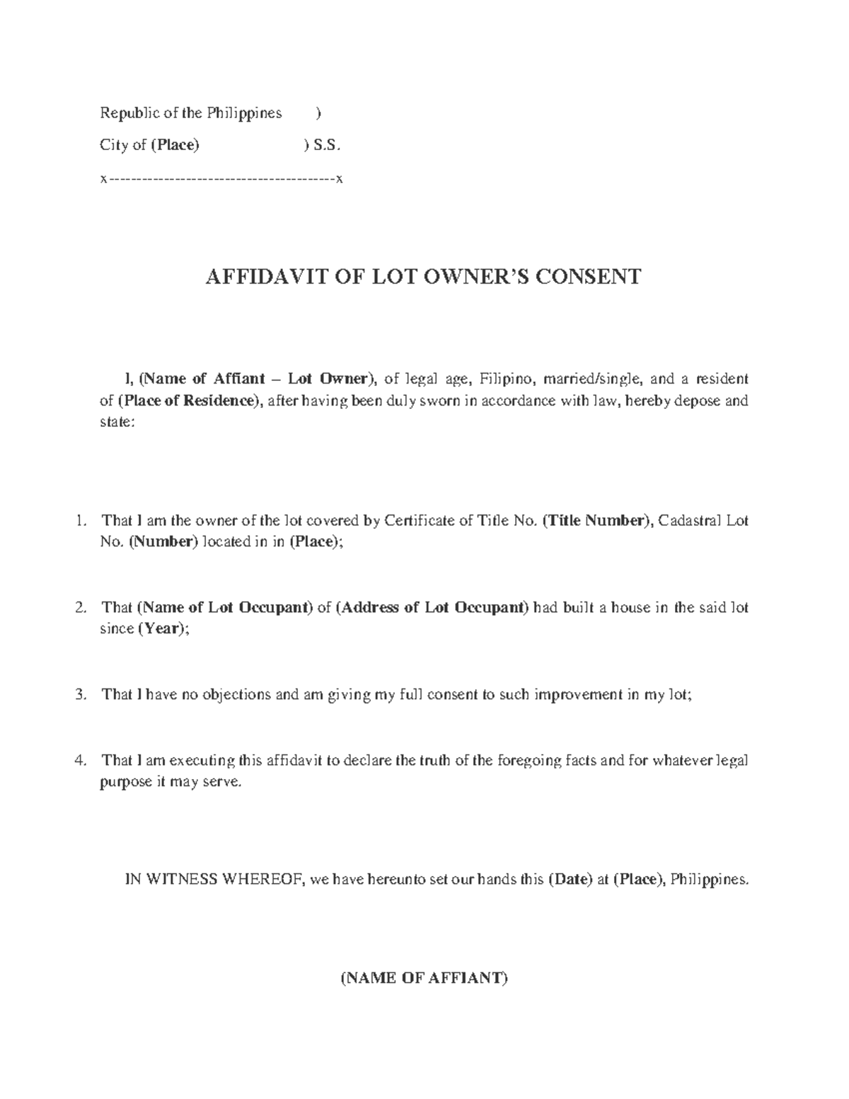 Affidavit of Lot Owner's Consent for Building (Philippines) - Studocu