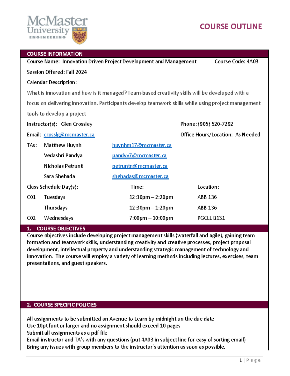 Course Outline for Innovation Driven Project Management 4A03 - Studocu