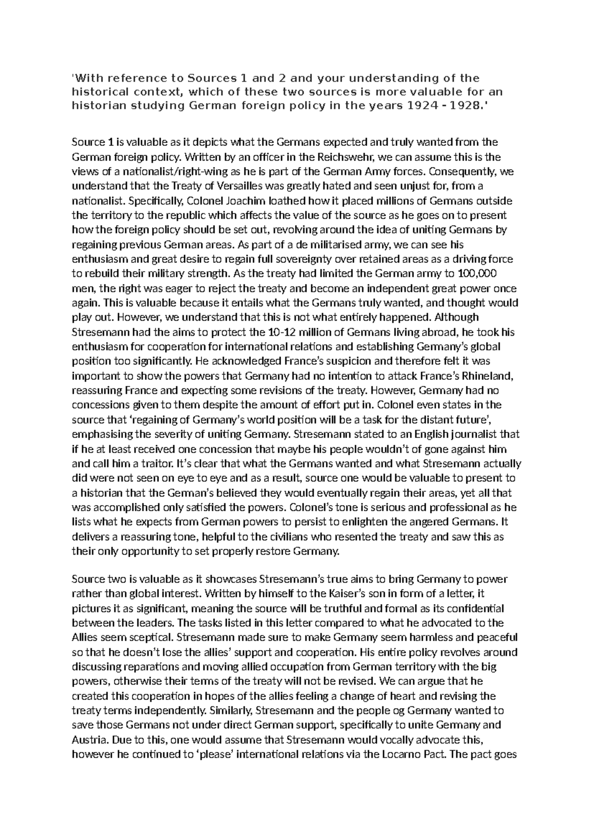 German policy Essay - 'With reference to Sources 1 and 2 and your ...
