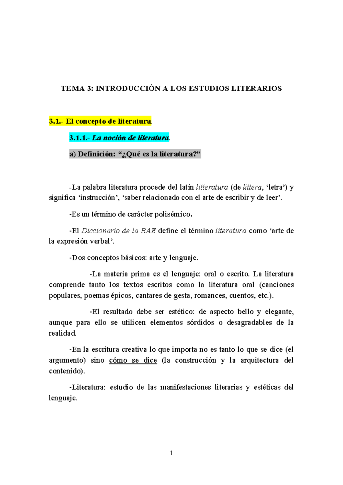 TEMA 3.1: CONCEPTO DE LITERATURA EN ESTUDIOS LITERARIOS - Studocu